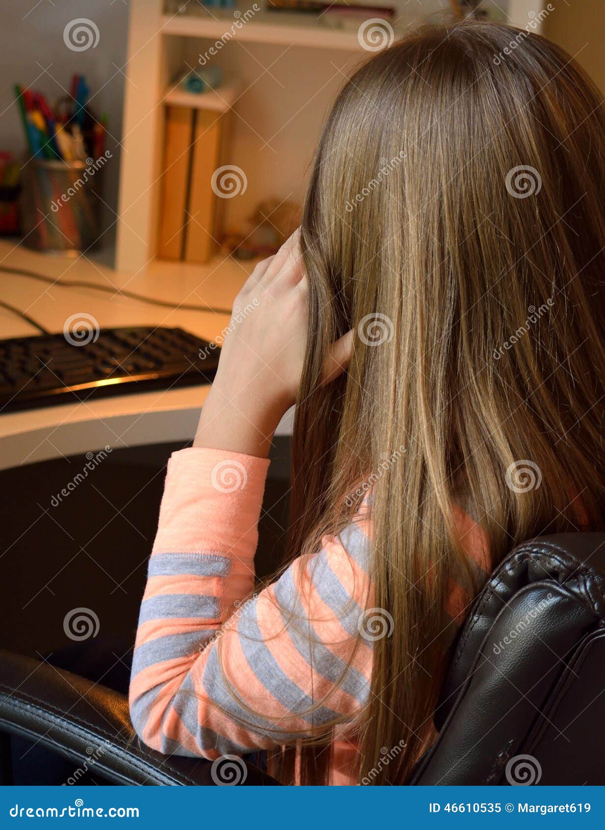 Lonely Girl at the Computer. Stock Image - Image of lonely, light: 46610535