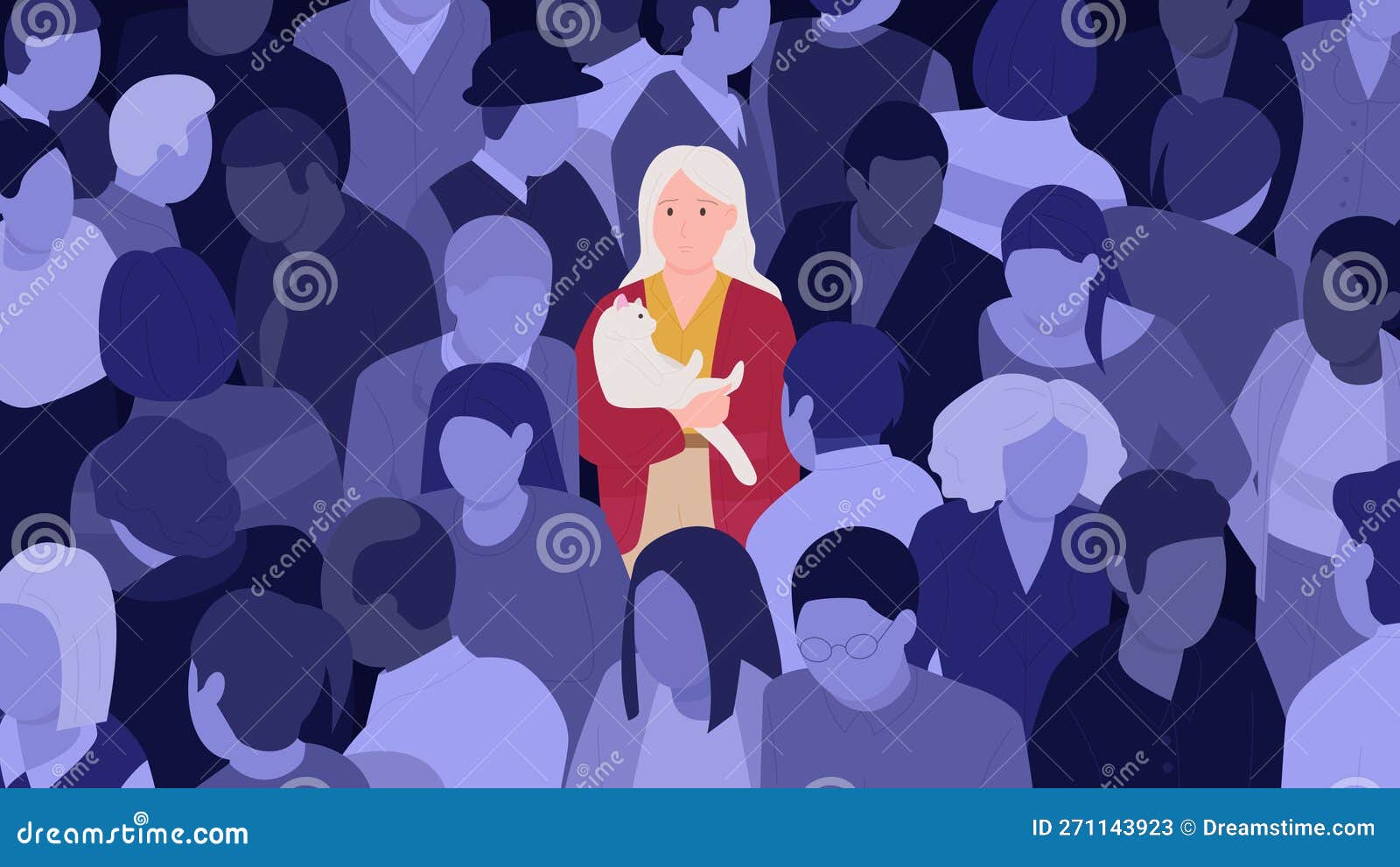 Lonely Girl And Crowd Sad Depressed Woman Standing With Cat Alone Among Group Of People Stock