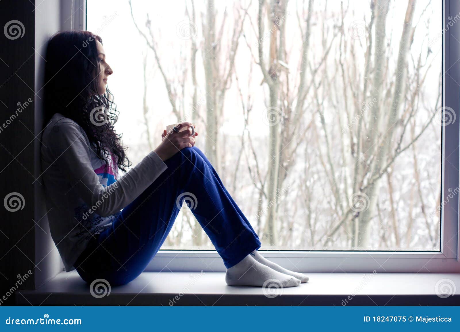 Lonely Girl Near the Window with Cup Stock Image - Image of hold ...