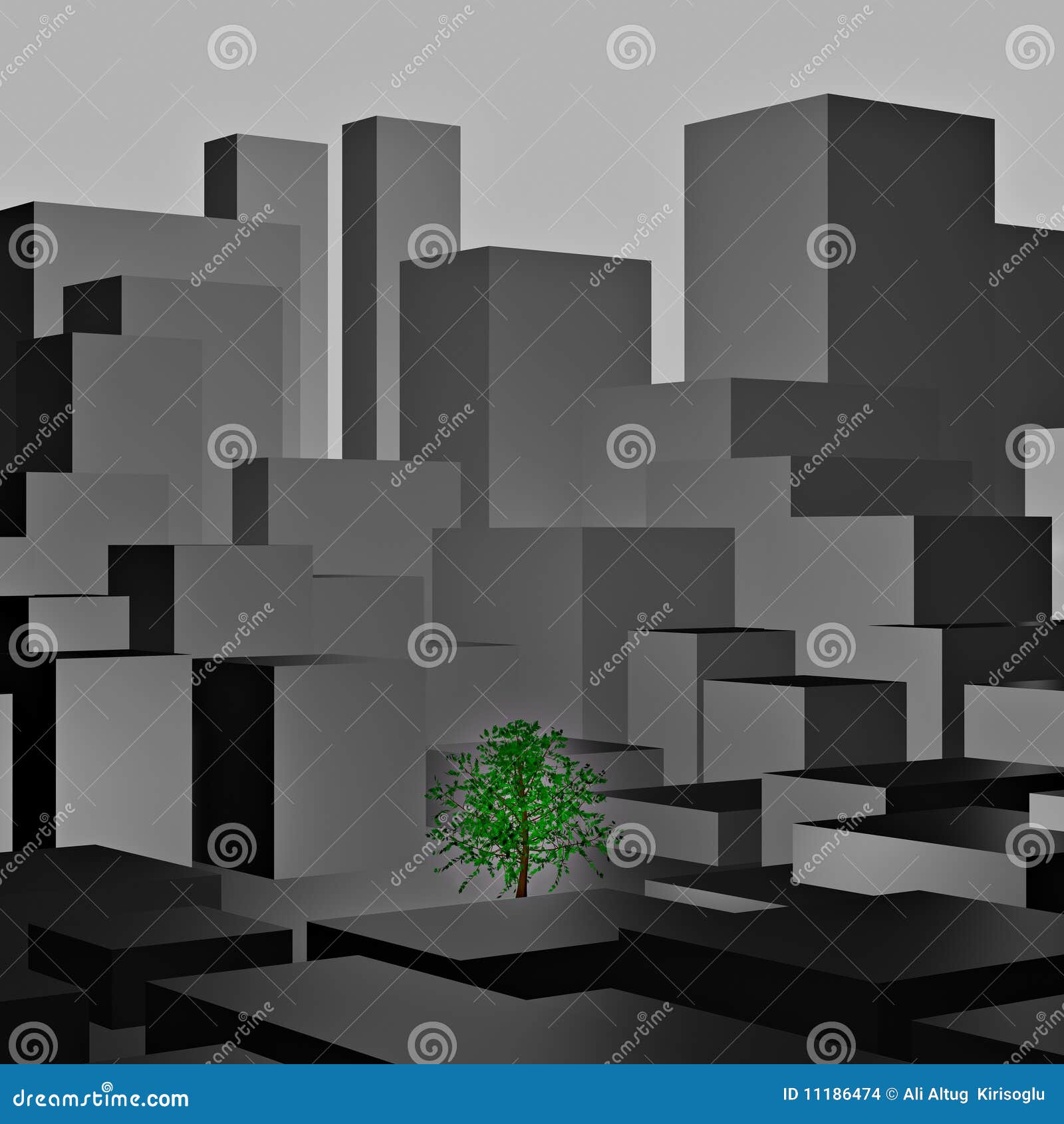 Lonely Green Tree between High Grey Buildings Stock Illustration ...