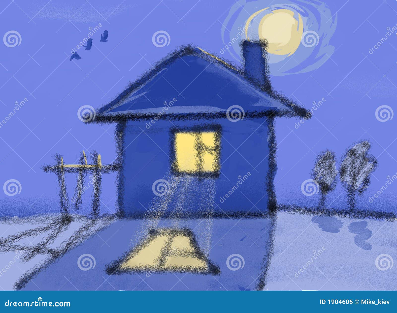 Lonely house at midnight stock illustration. Illustration of midnight ...
