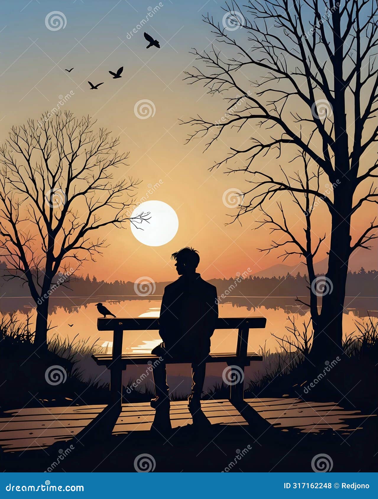 Lonely Man Alone on Bench Looking at Sunset on Horizon Stock ...