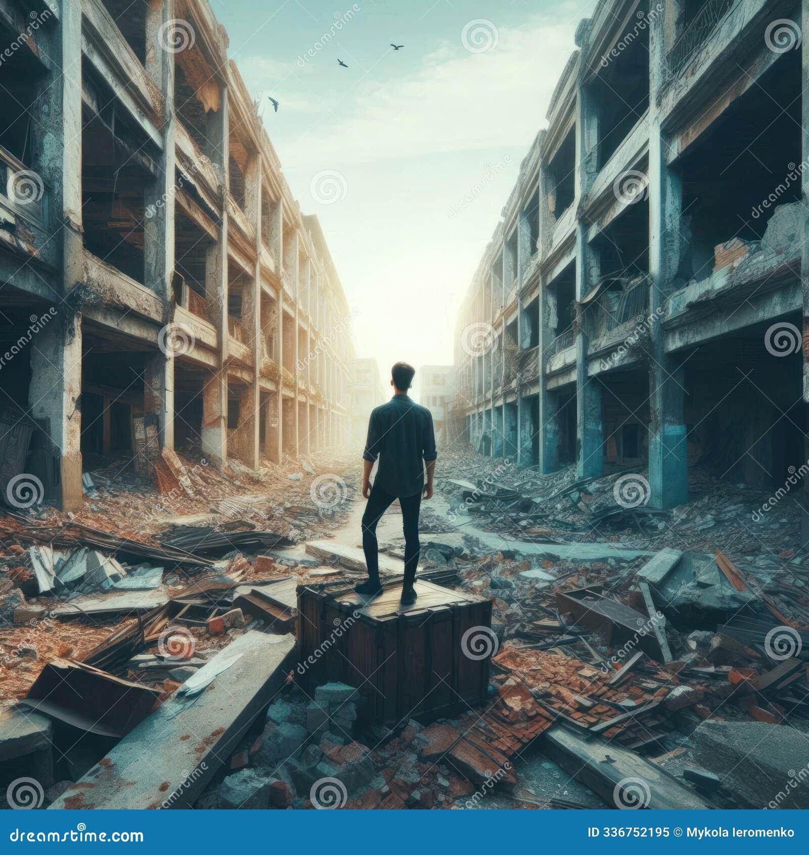 A Lonely Man among the Destroyed Buildings. Stock Image - Image of ...