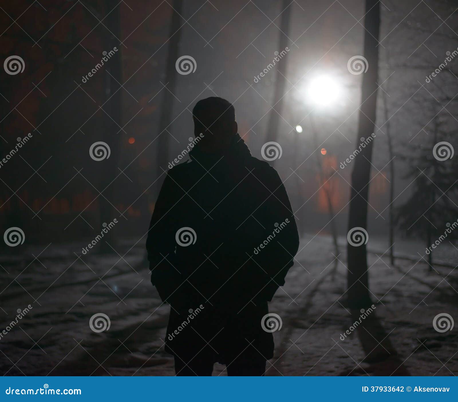 Lonely Man in the Fog at Night Stock Photo - Image of evening, darkness ...