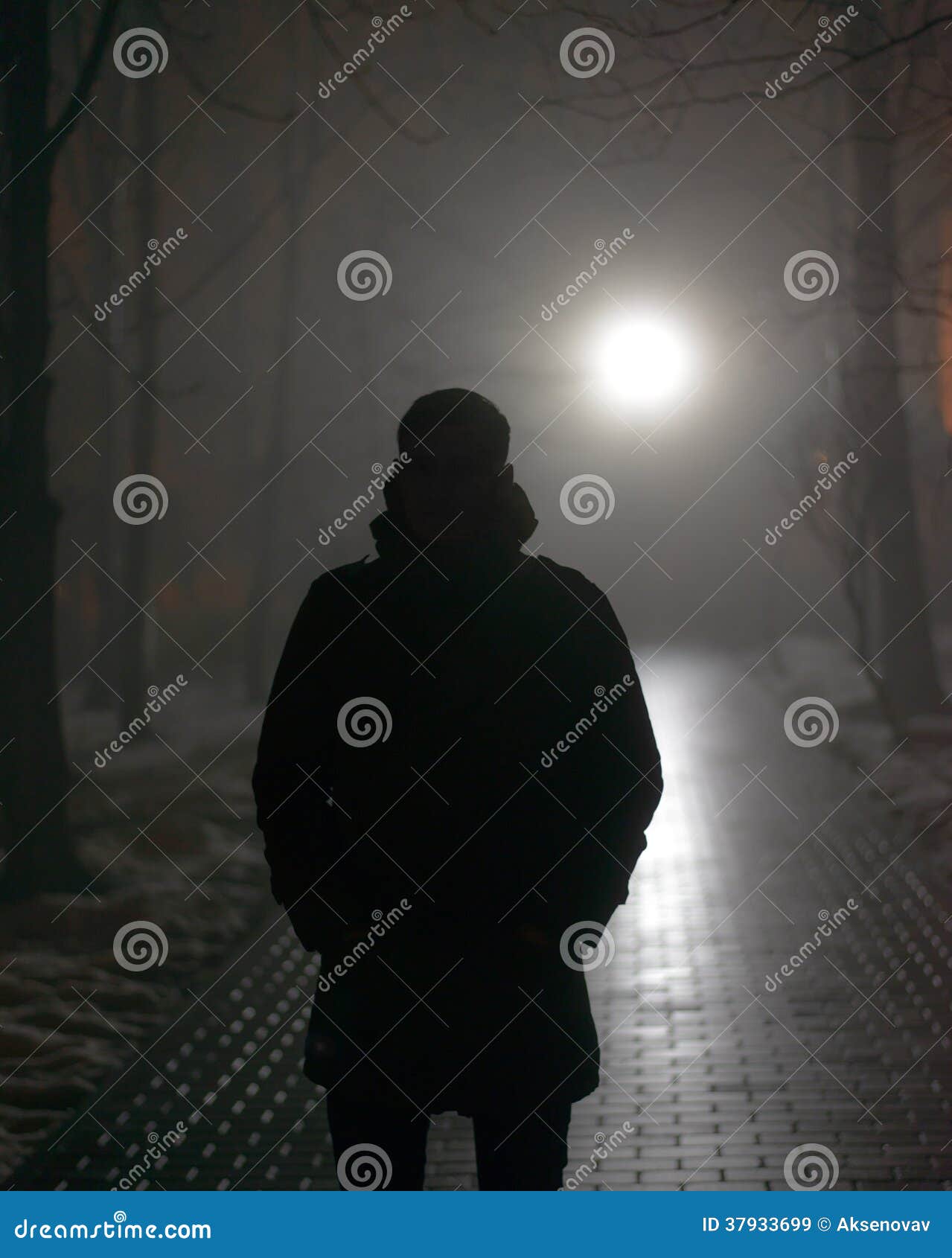 Lonely Man in the Fog at Night Stock Image - Image of park, street ...
