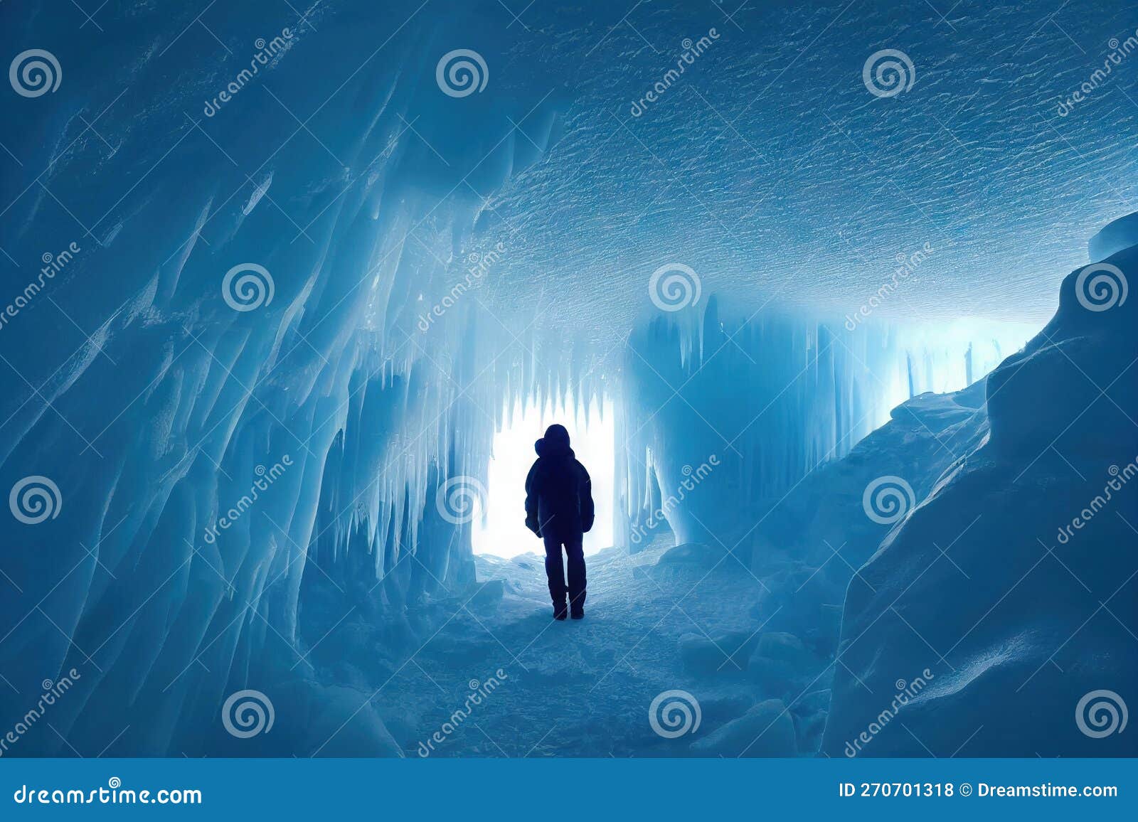 Lonely Man in Large Ice Cave in Snow Journey. Stock Illustration ...