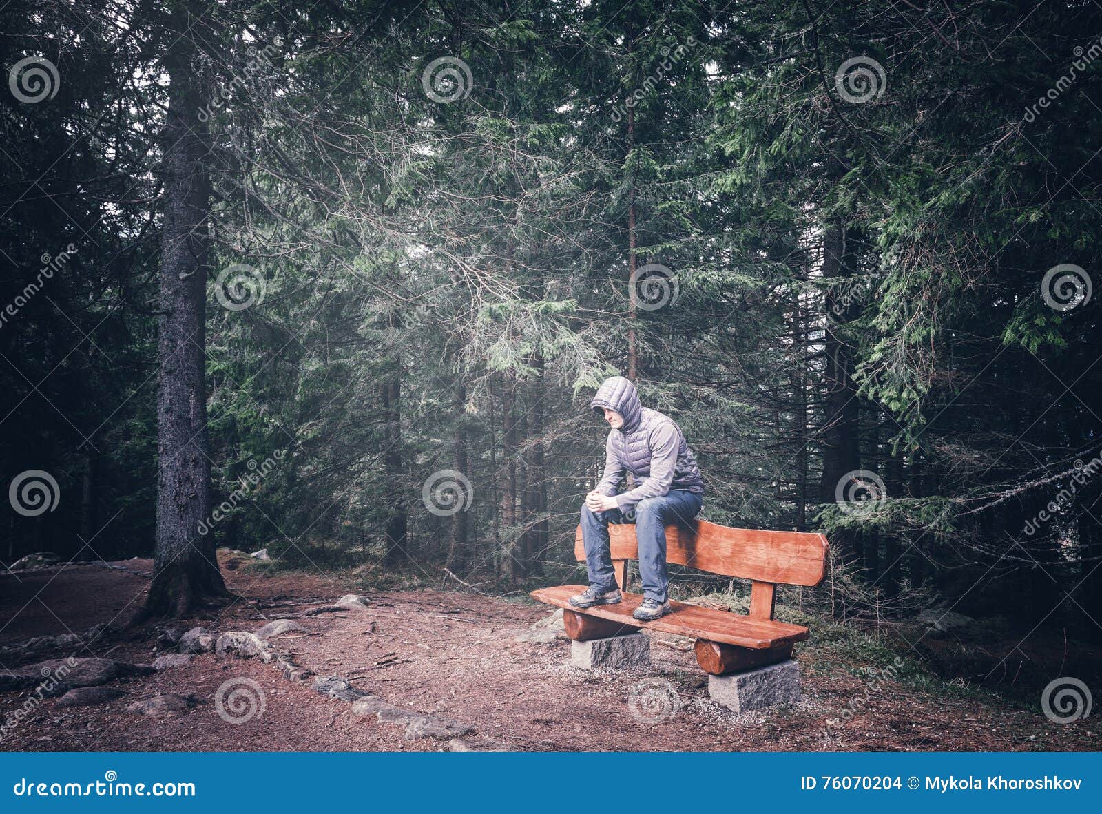 Lonely Man Sitting on Bench Stock Photo - Image of bench, woodland ...