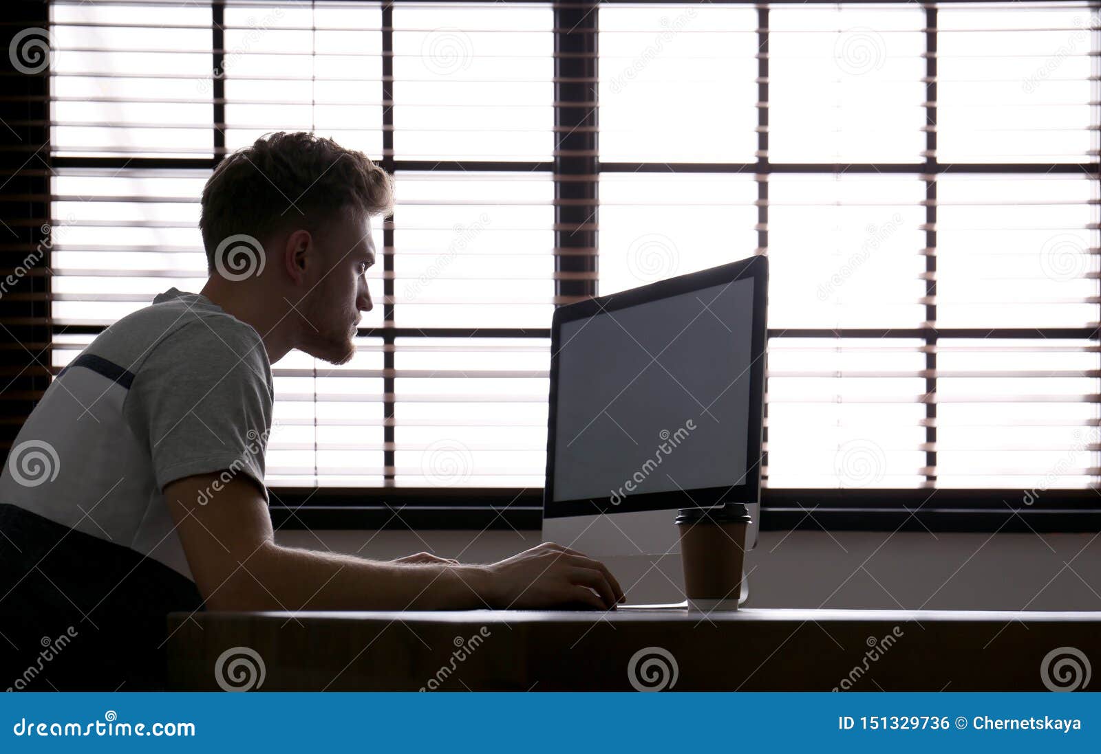 Lonely Man Sitting at Computer with Empty Screen Stock Photo - Image of ...