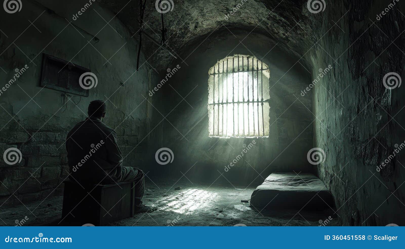Old Stone Prison Cell With Metal Bed And Grungy Walls Bathed In Eerie ...