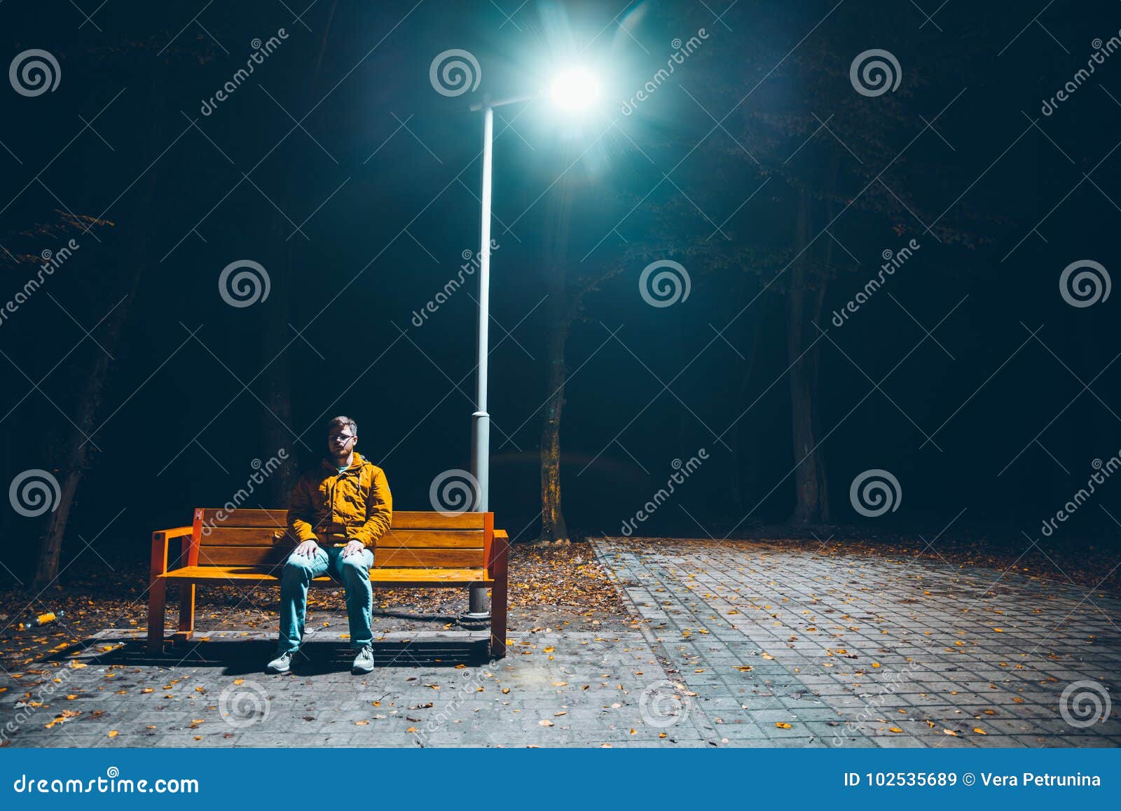 Lonely Man Sitting in Night Park Stock Image - Image of person ...