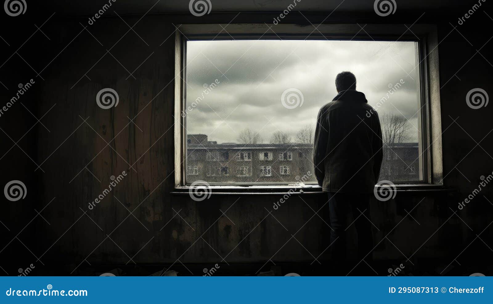 A Lonely Man Stands in Front of a Window Stock Image - Image of black ...