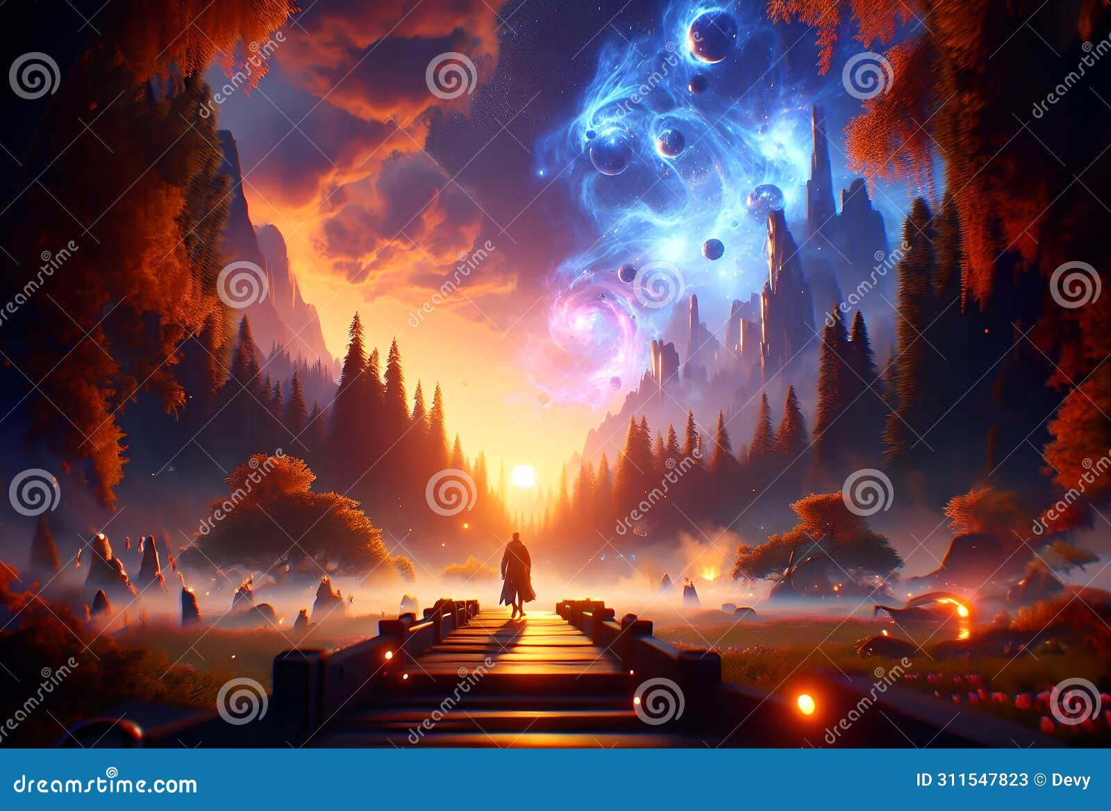 Lonely Man Walking in Fantasy Landscape, Concept Stock Illustration ...