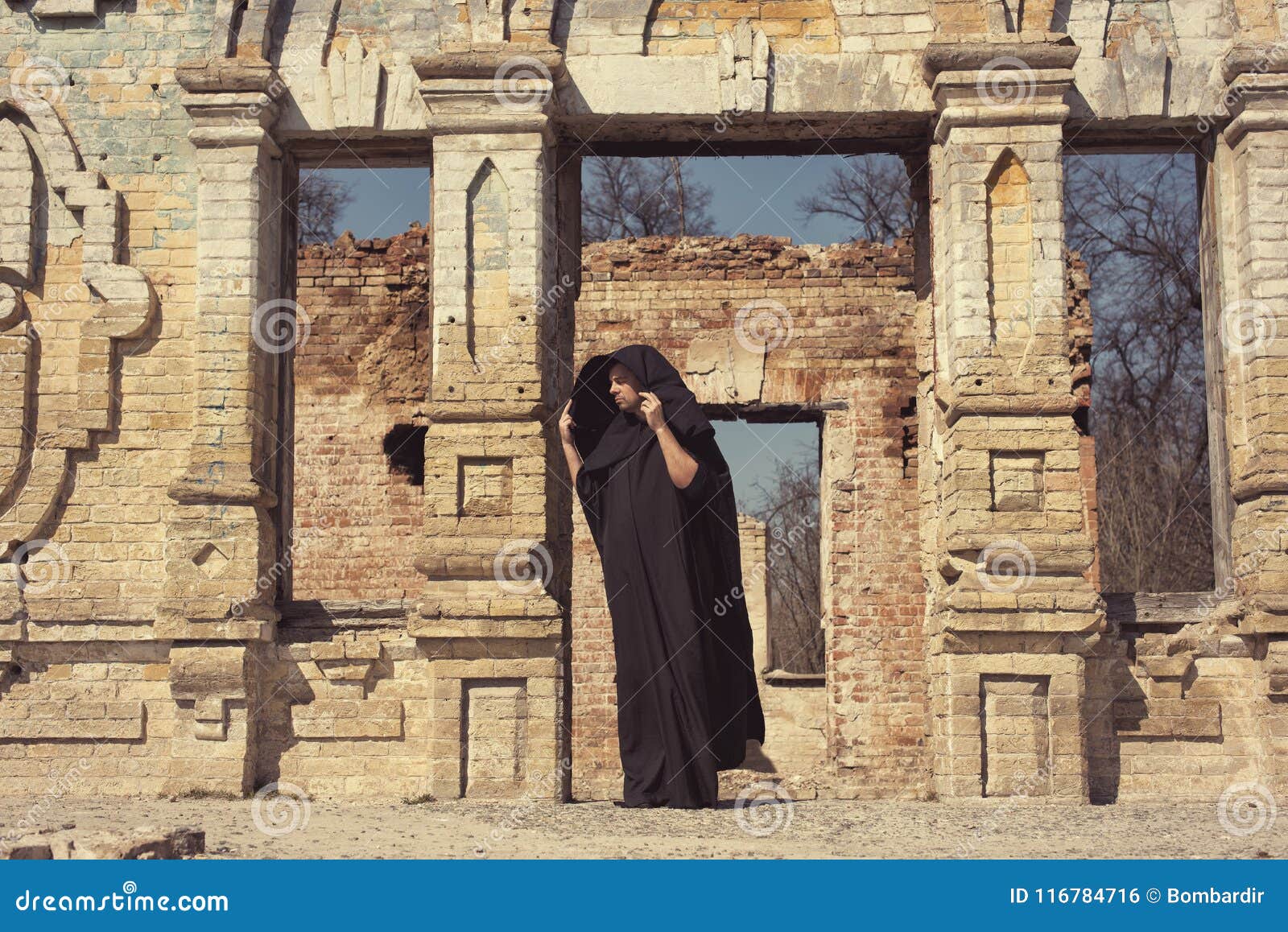 A Lonely Monk In An Abandoned Old Castle Stock Photography ...