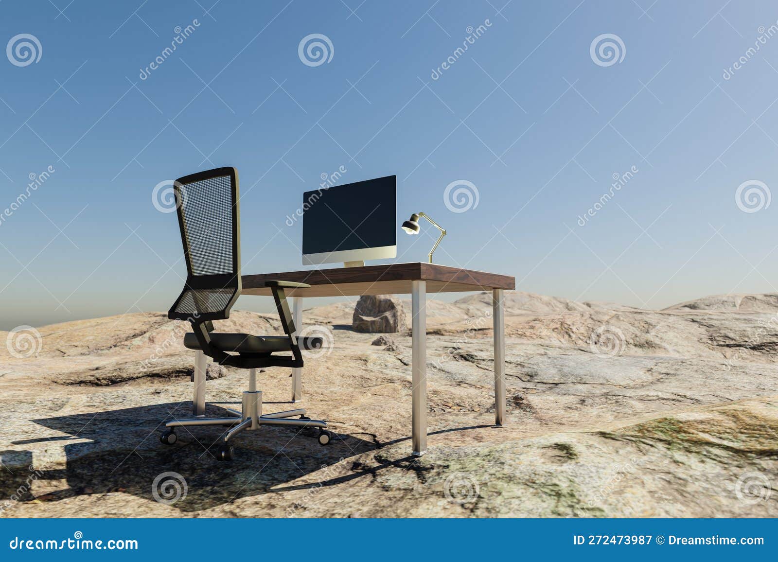 Lonely Pc Workplace In Large Desert Environment Remote Work And Digital ...