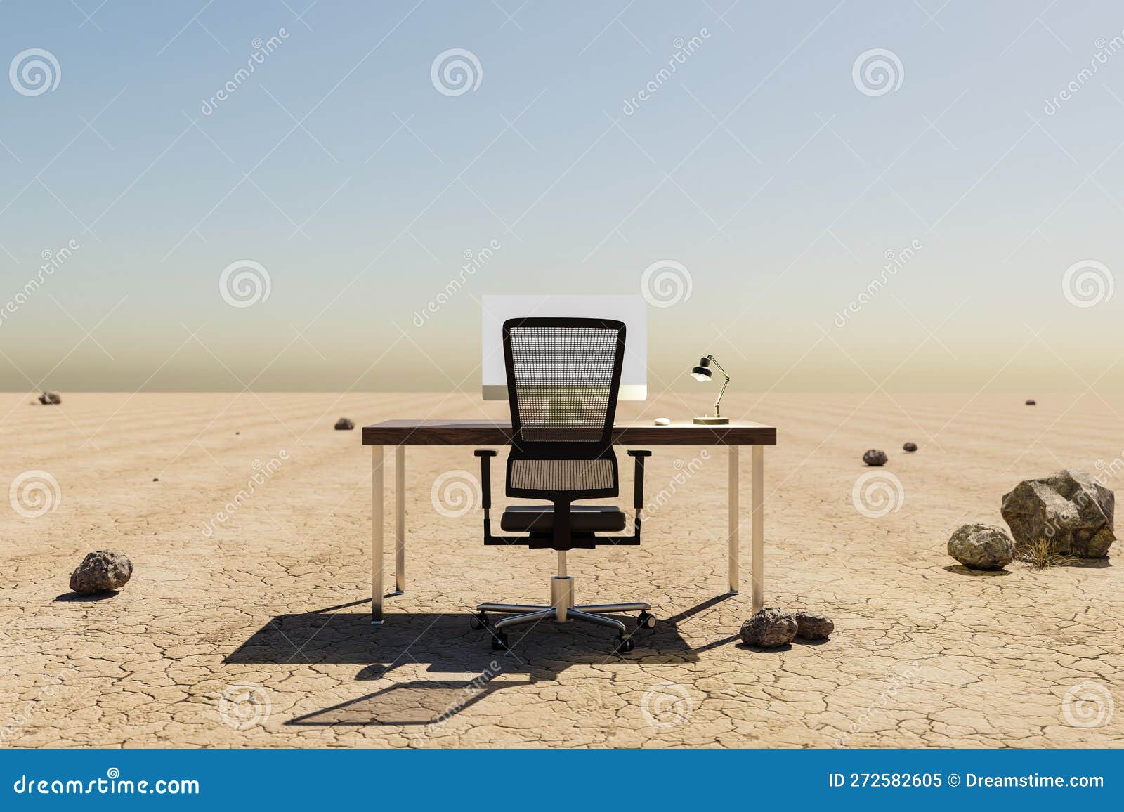 Lonely Pc Workplace In Large Desert Environment Remote Work And Digital ...