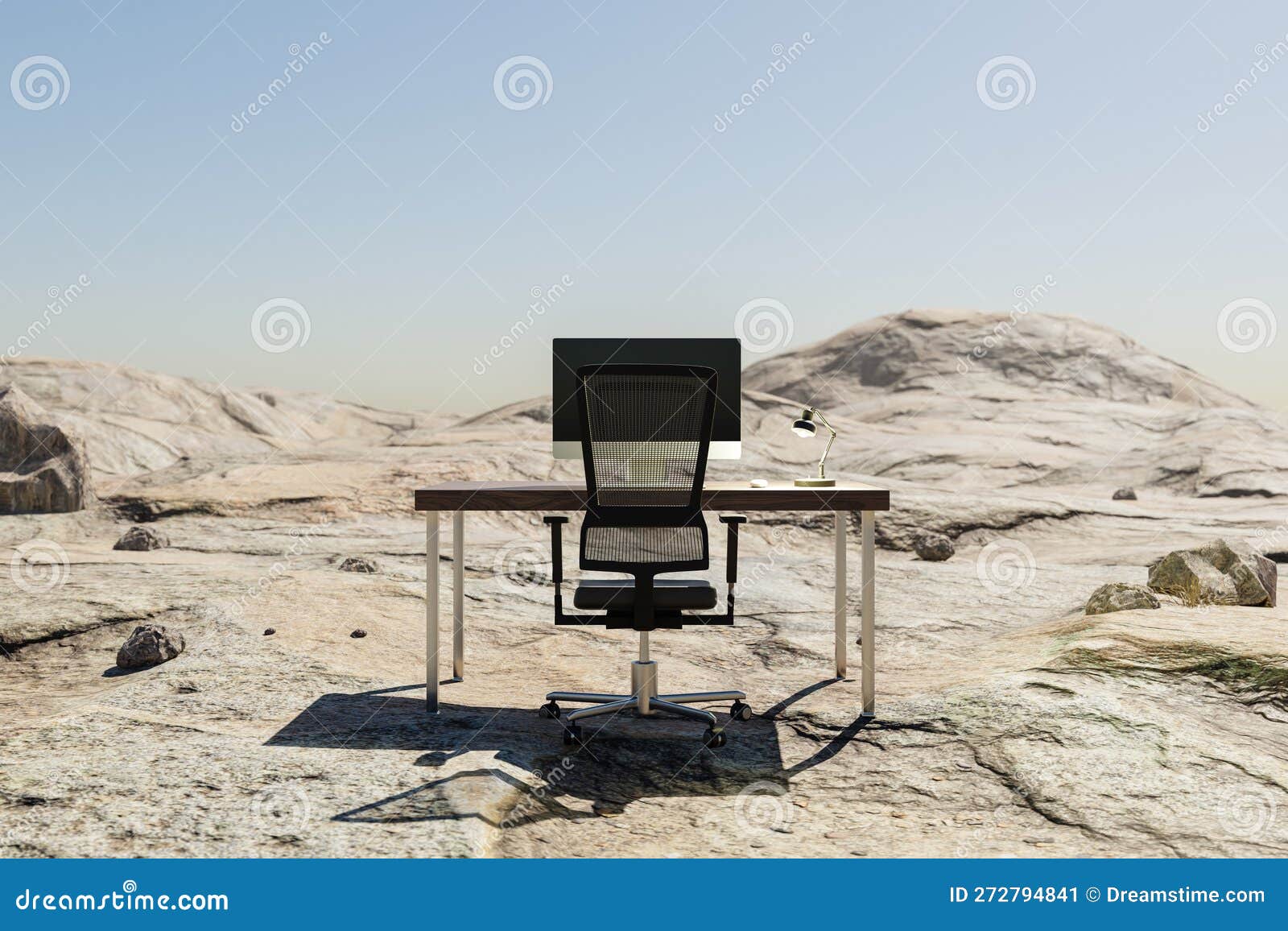 Lonely Pc Workplace In Large Desert Environment Remote Work And Digital ...