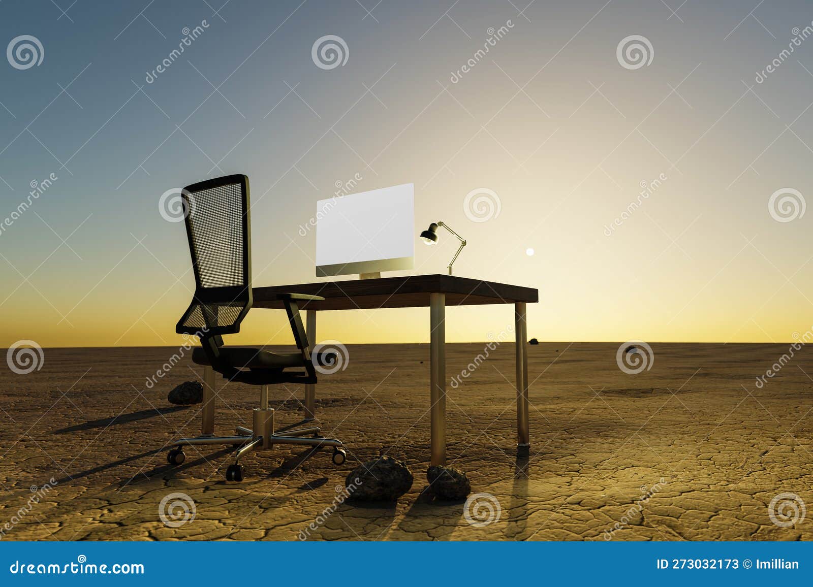 Lonely Pc Workplace in Large Desert Environment Remote Work and Digital ...