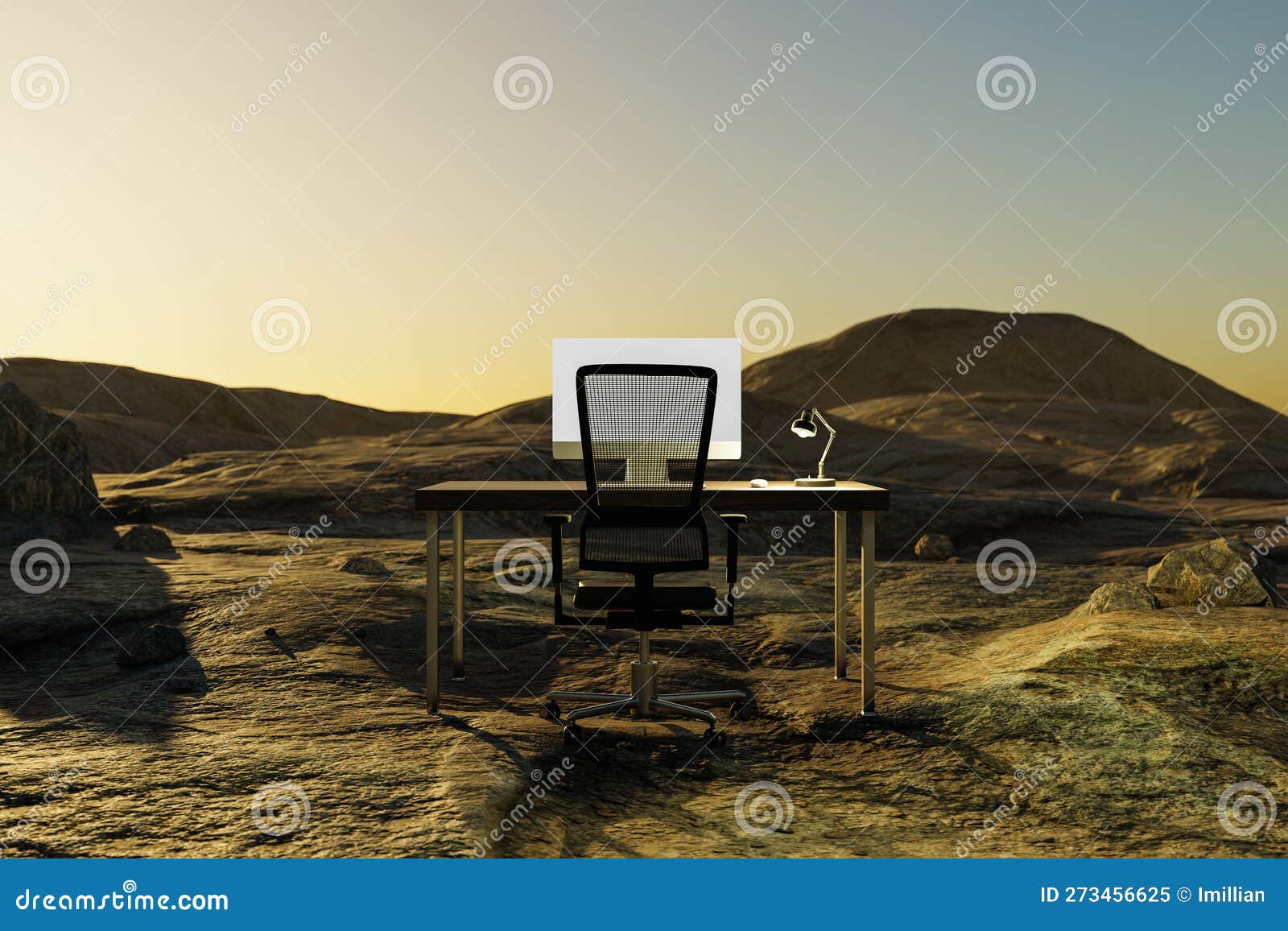 Lonely Pc Workplace in Large Desert Environment Remote Work and Digital ...