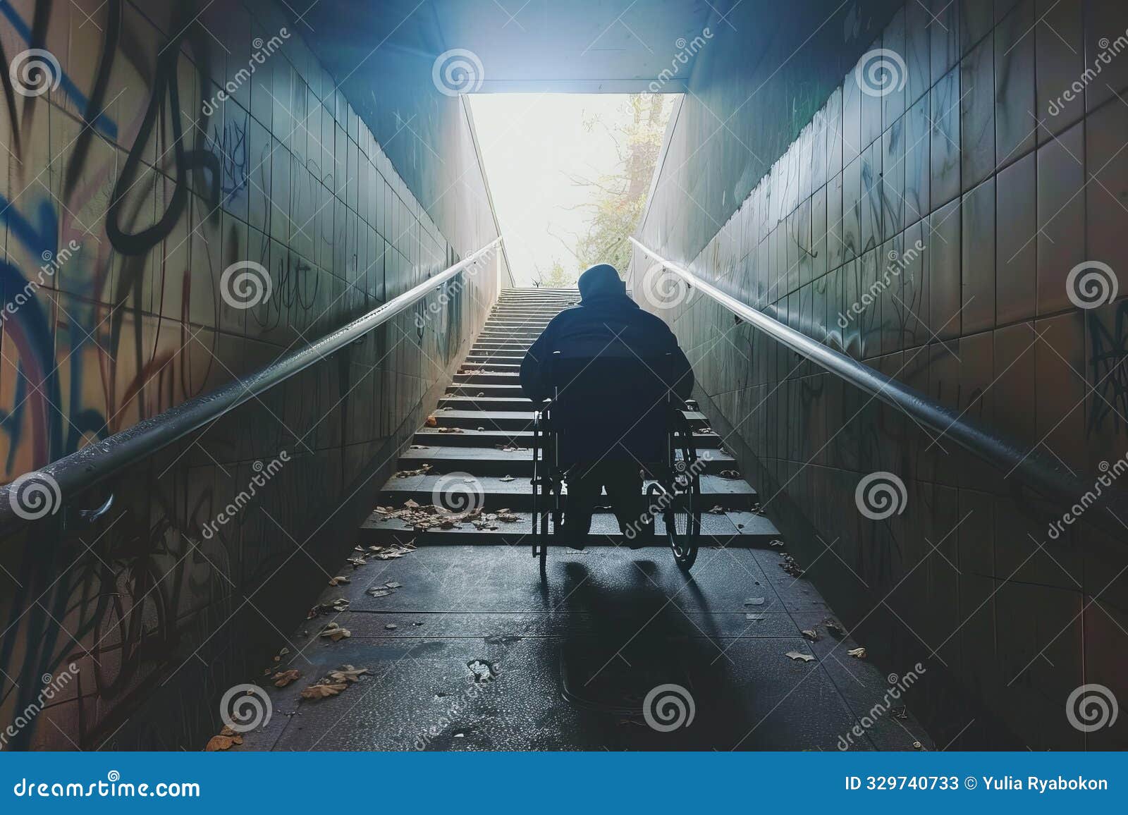 Lonely Person Using Wheelchair Facing Inaccessible Underpass Stairs ...
