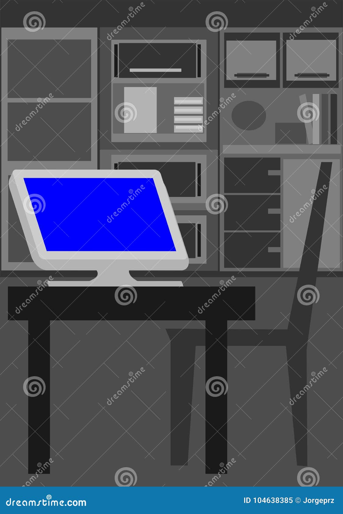 Lonely Personal Computer in Dark Room. Stock Vector - Illustration of ...