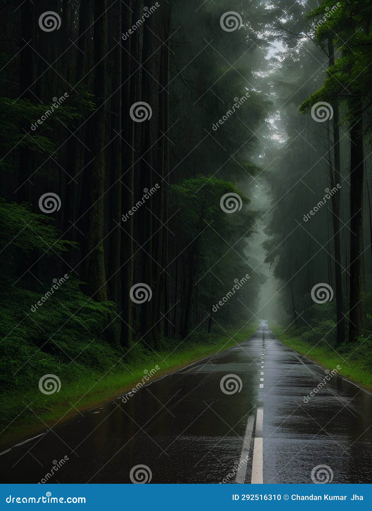 Lonely road in sad rain. stock photo. Image of trees - 292516310