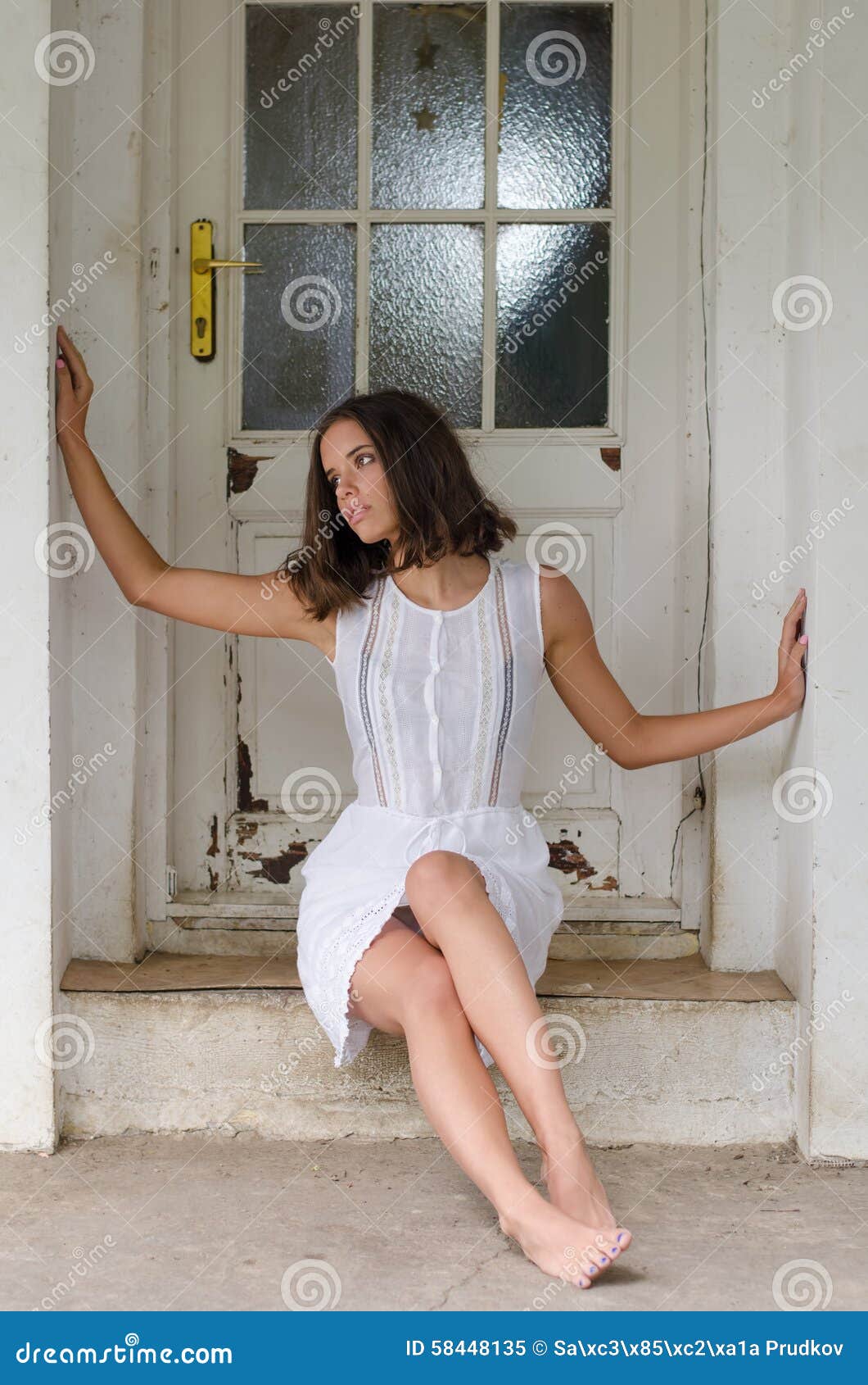 Lonely Sad Barefoot Girl Sitting in Front of House in Spring Stock ...