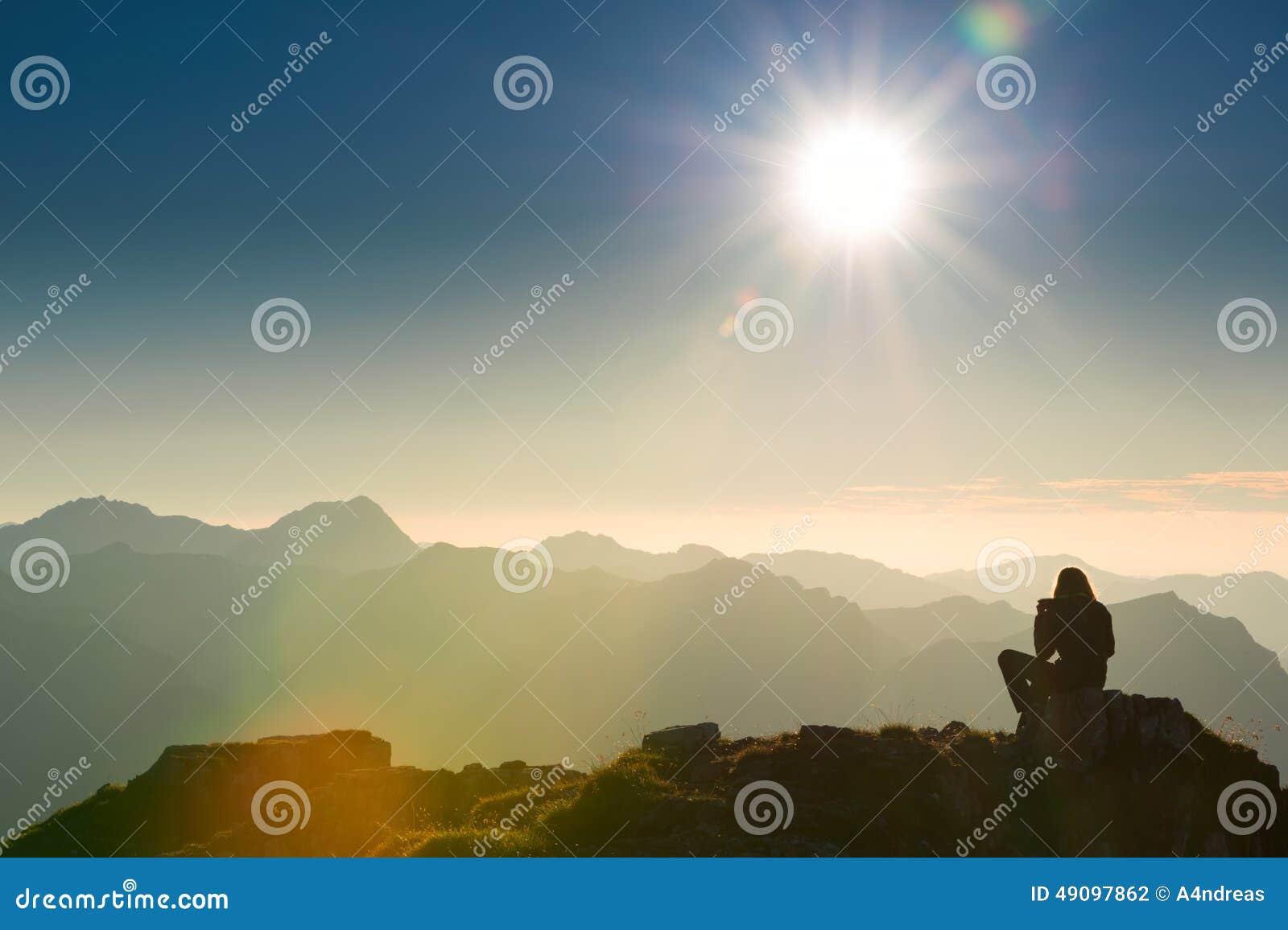 Lonely Sad Person Sits on Summit of Mountain Stock Photo - Image of ...