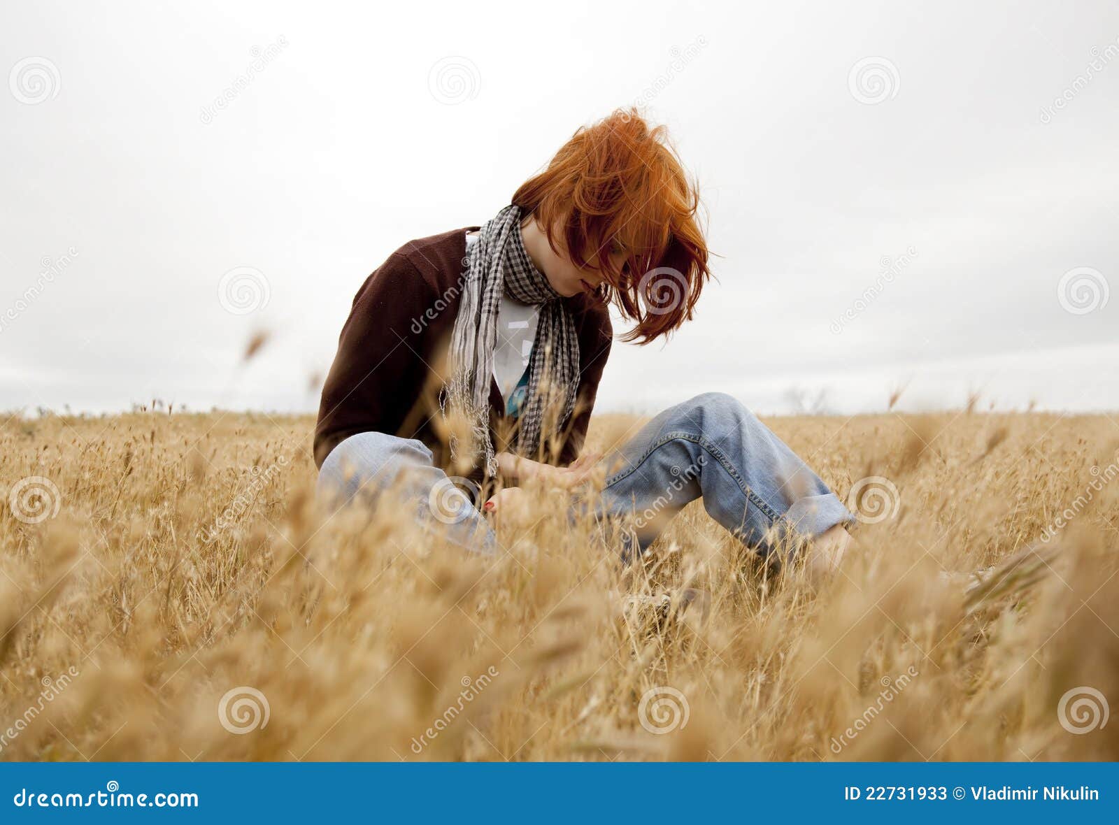 Lonely Sad Red-haired Girl at Field Stock Image - Image of teen, look ...