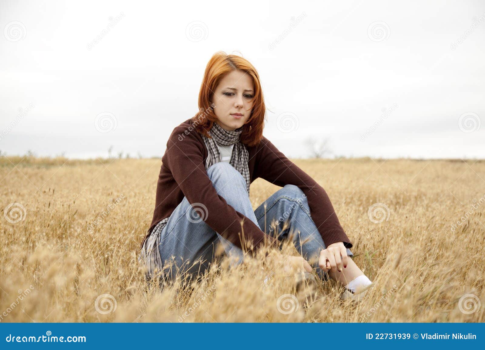 Lonely Sad Red-haired Girl at Field Stock Image - Image of teen, mood ...