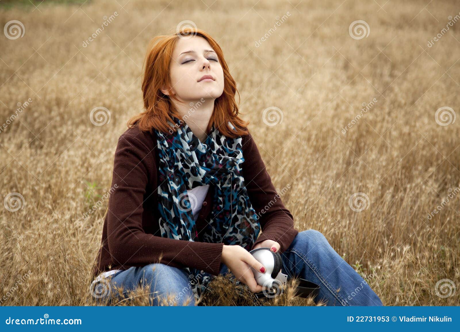Lonely Sad Red-haired Girl at Field Stock Image - Image of lone ...