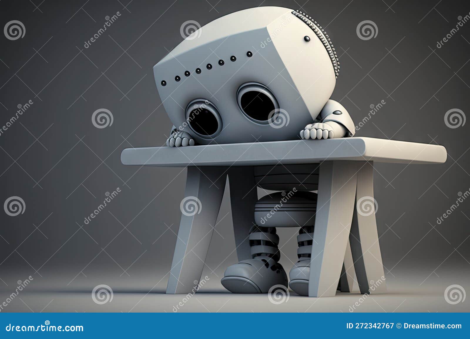 Lonely Sad Robot Crying Sitting at Table on Gray Background Stock ...