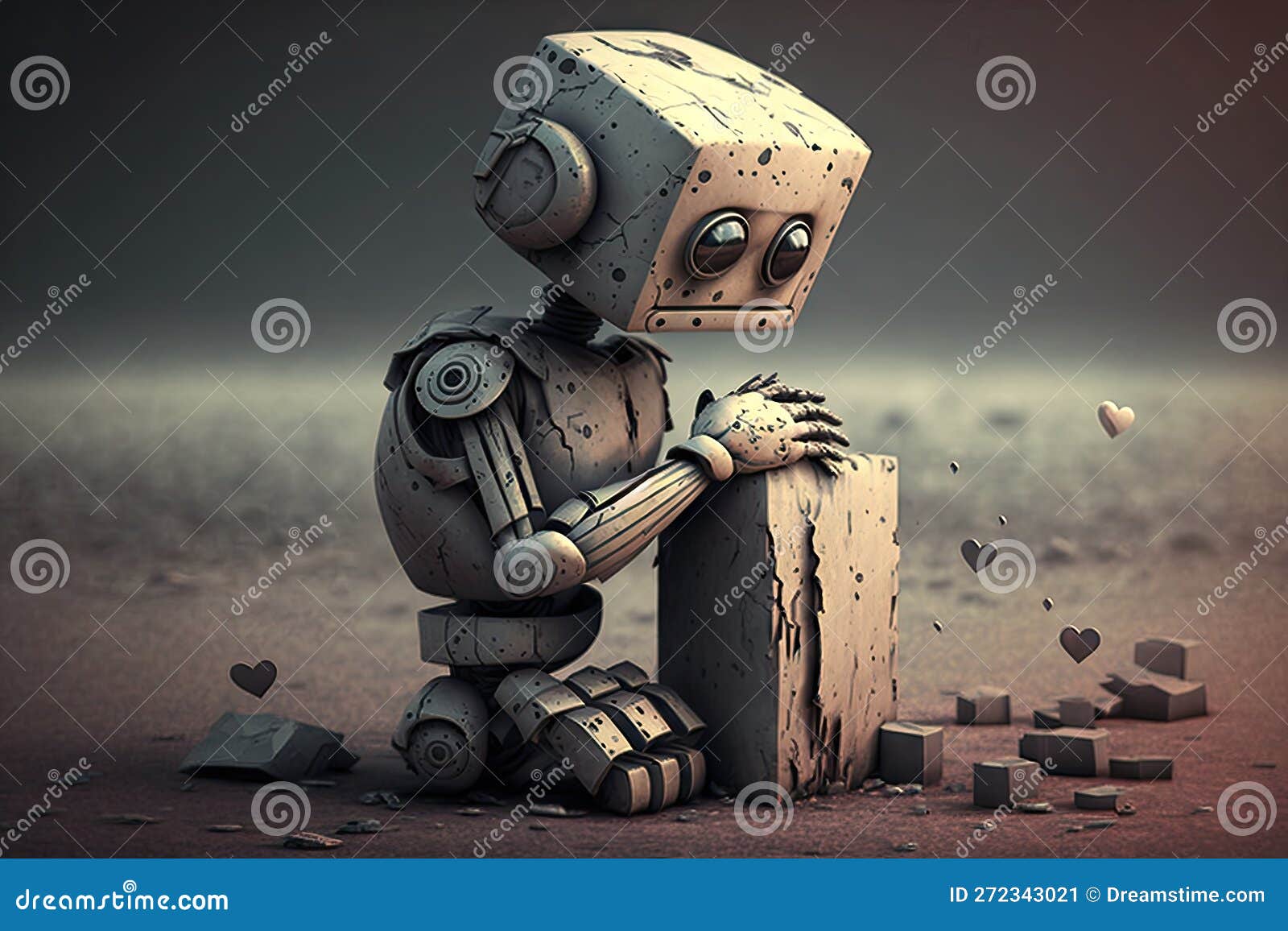 Lonely Sad Robot with Opened Broken Arm in His Hands Stock Illustration ...