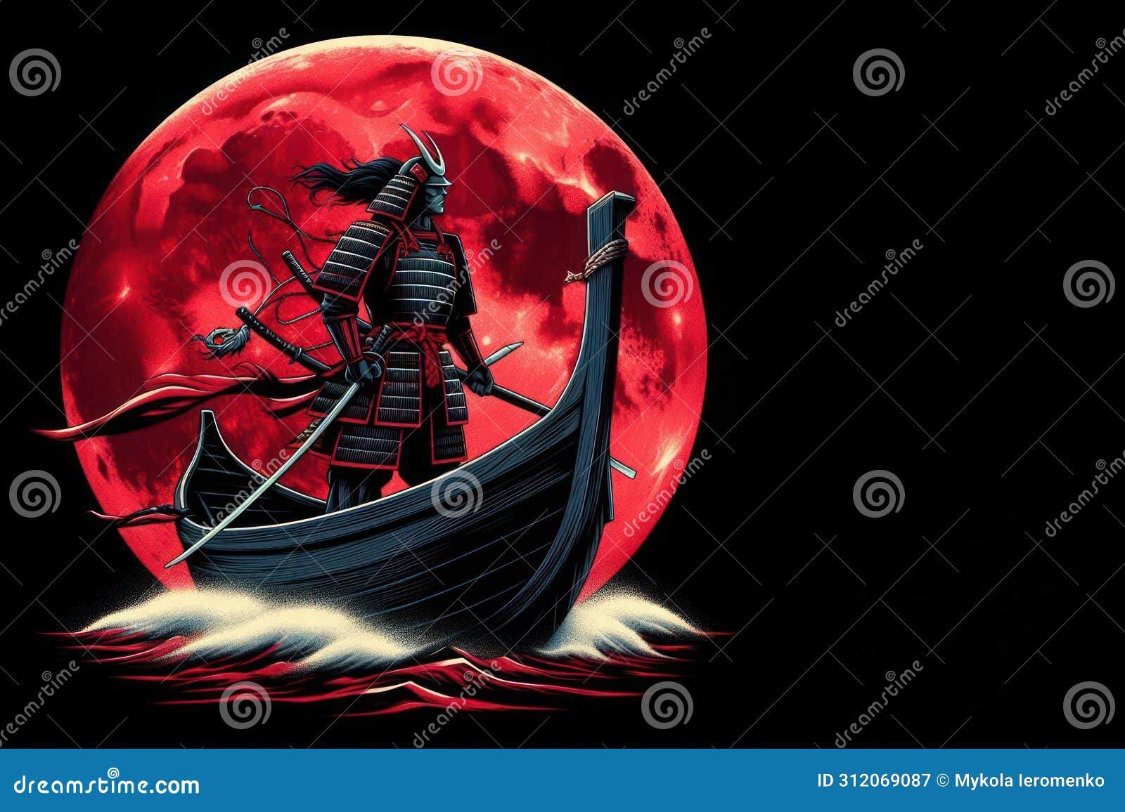 A Lonely Samurai Sailing in a Boat Against the Background of a Red Moon ...