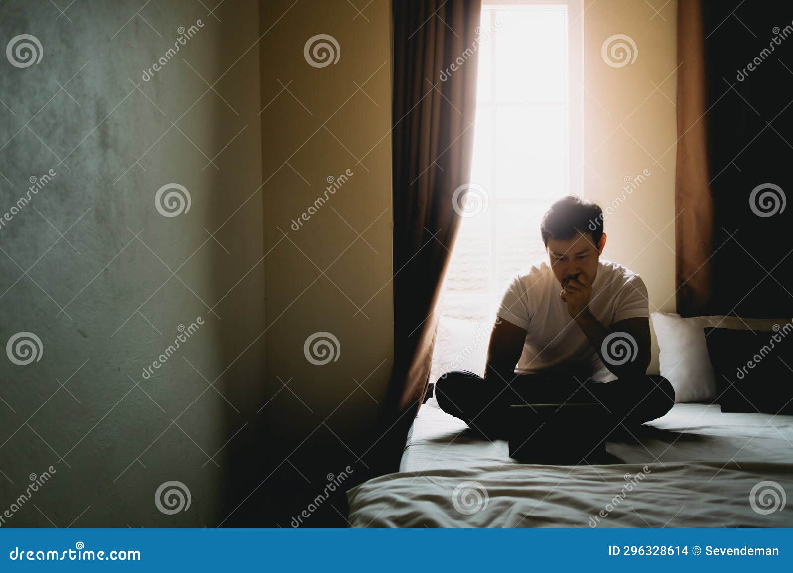 Lonely Single Man Sit and Rest Alone in Dark Bedroom with Light from ...