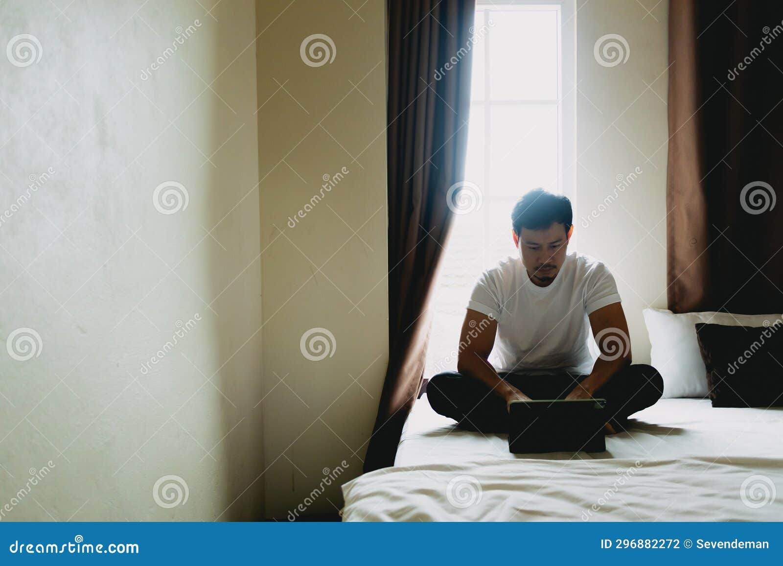Lonely Single Man Sit and Rest Alone in Dark Bedroom with Light from ...