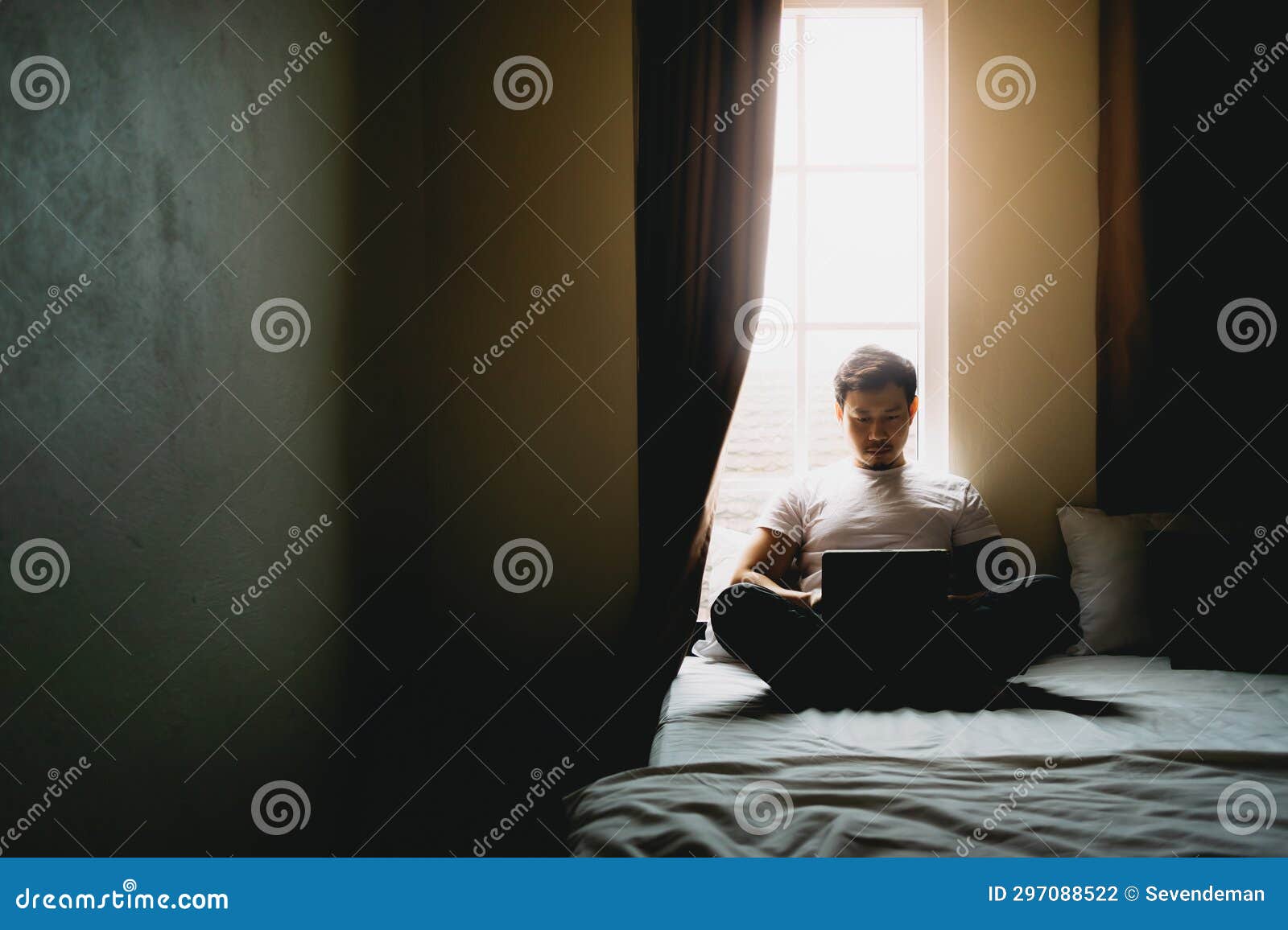 Lonely Single Man Sit and Rest Alone in Dark Bedroom with Light from ...