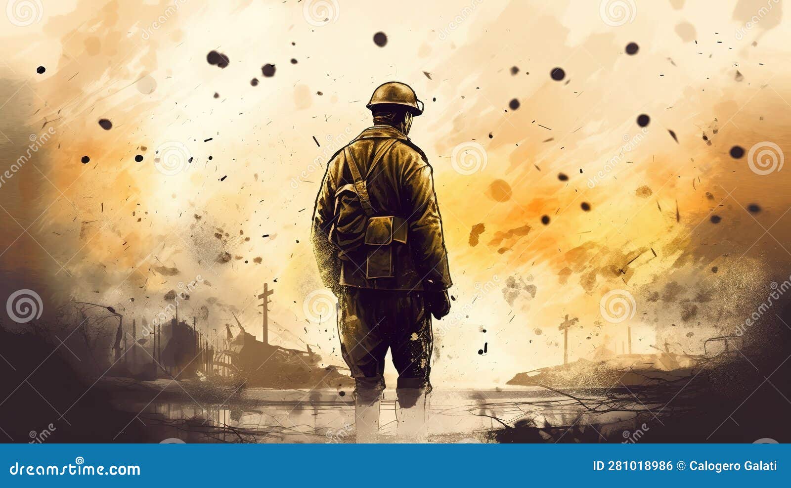 A Lonely Soldier Standing in Front of the Artwork, World War Has Ended ...