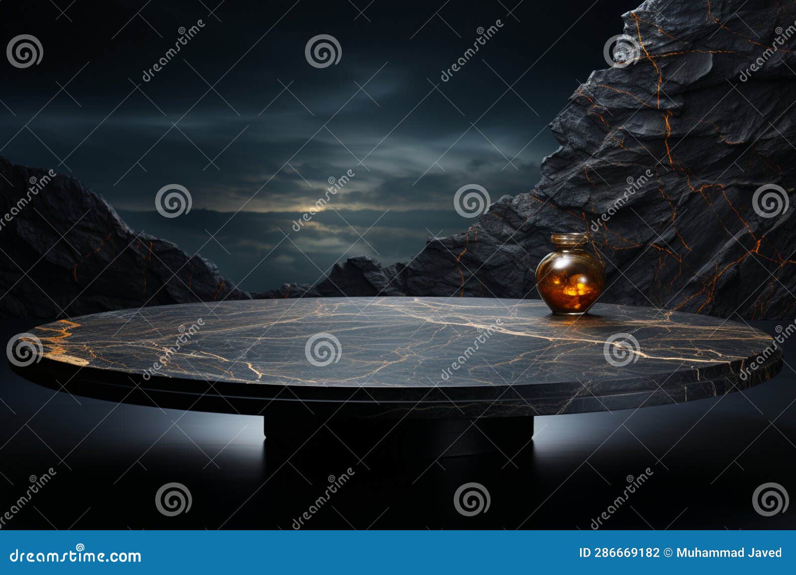 Lonely Table, Sleek Marble, Ebony Counter, Against Dark Backdrop Stock ...