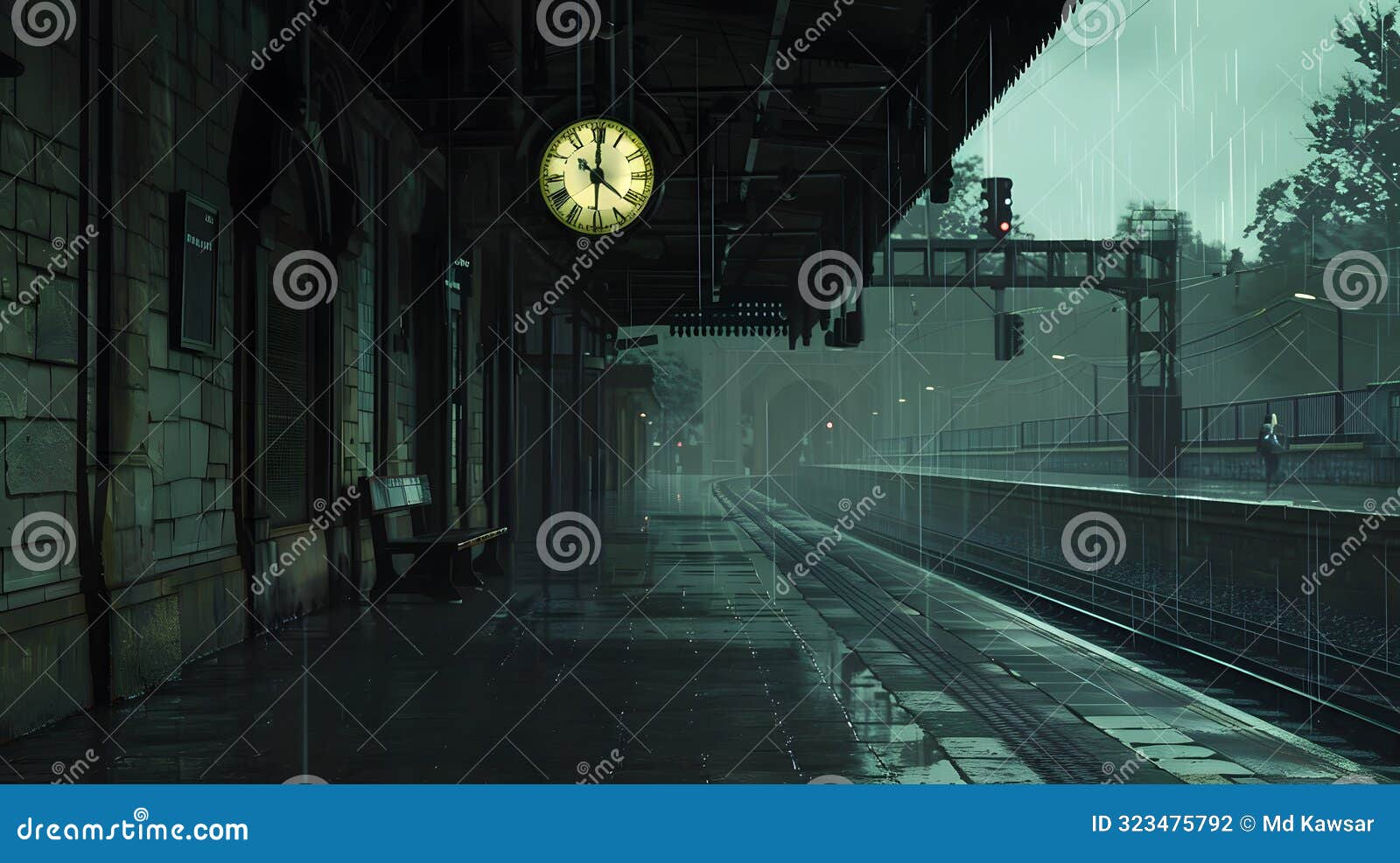 Lonely Train Station Platform in the Rain Stock Illustration ...