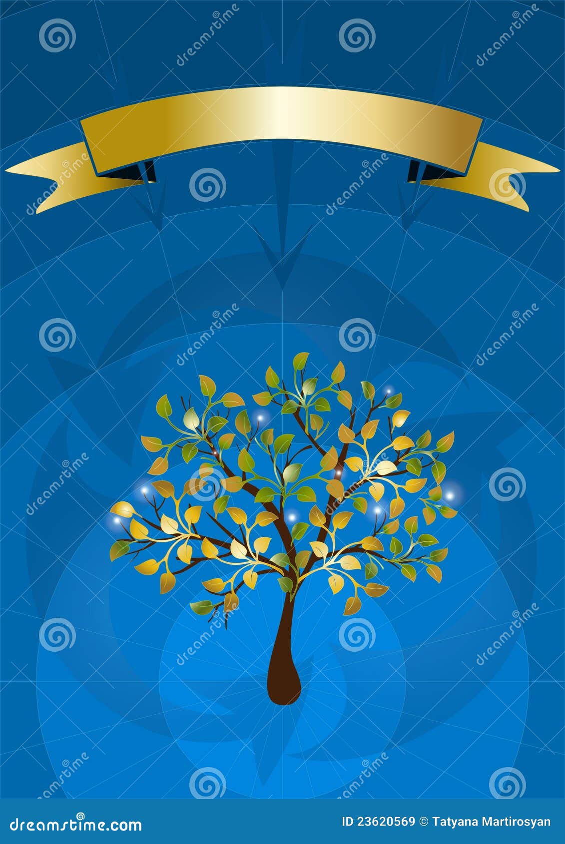 Lonely Tree Covered with Shiny Leaves.Poster Stock Vector ...