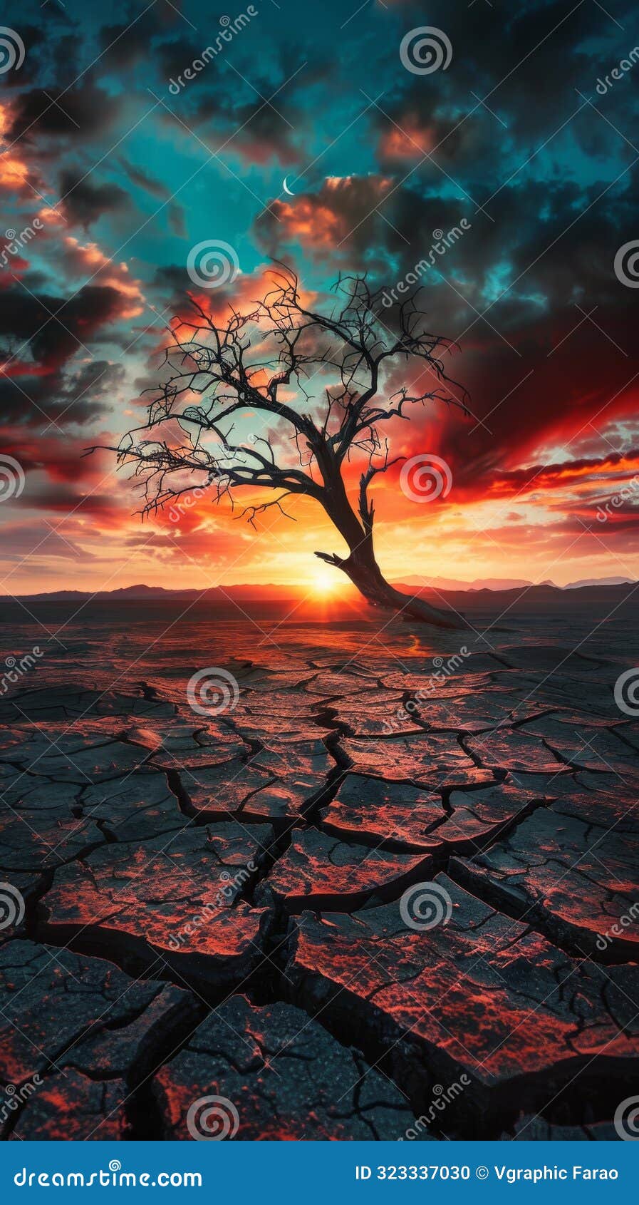 Lonely Tree on Cracked Earth at Sunset, Dramatic Sky. Climate Change ...