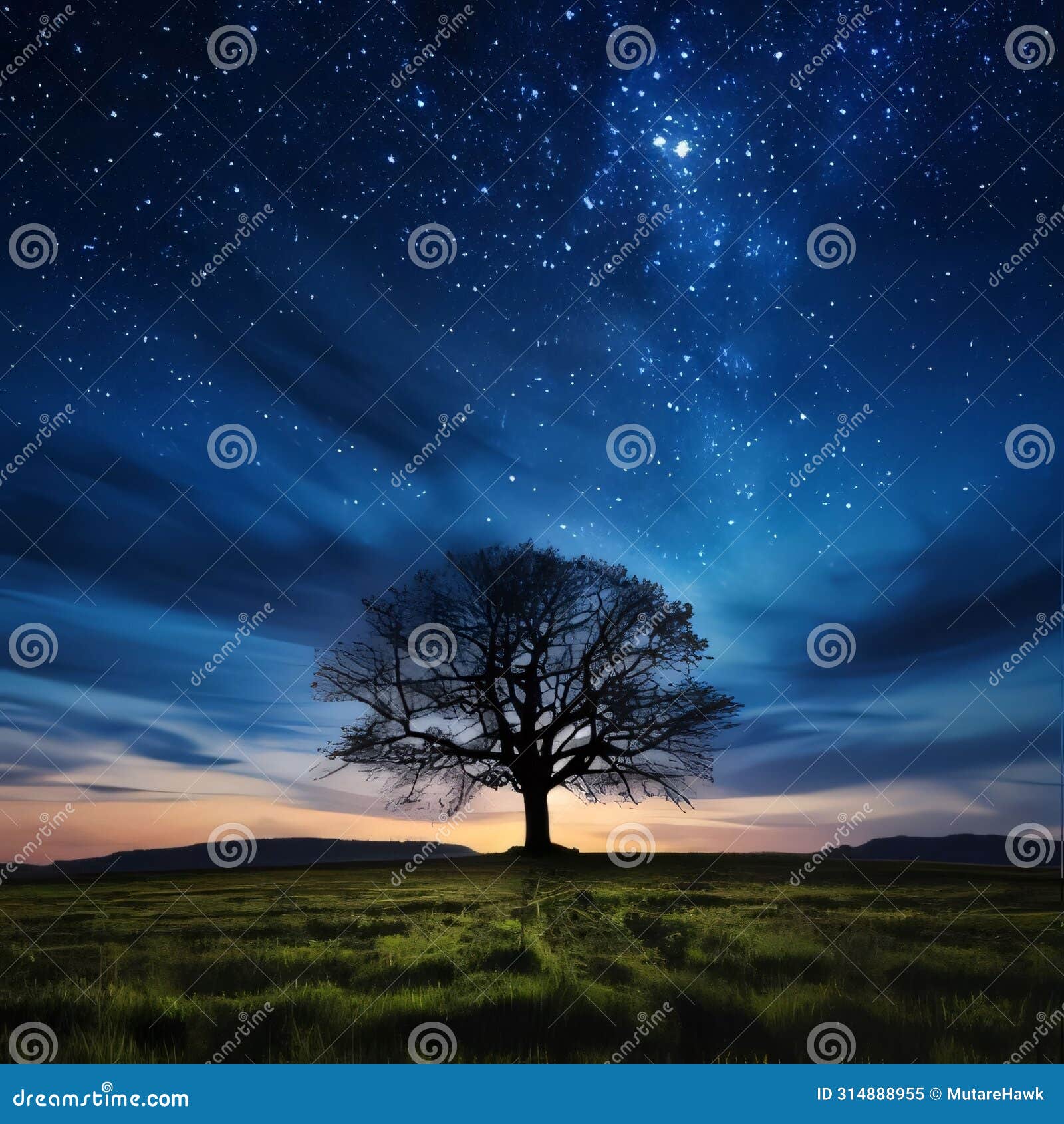 Lonely Tree in the Field at Night with Starry Sky Stock Illustration ...