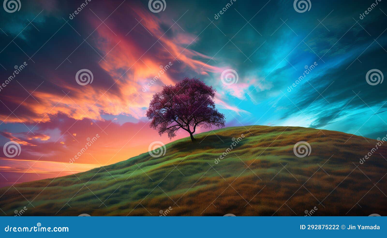 Lonely Tree on a Hill at Sunset, 3d Render Stock Illustration ...