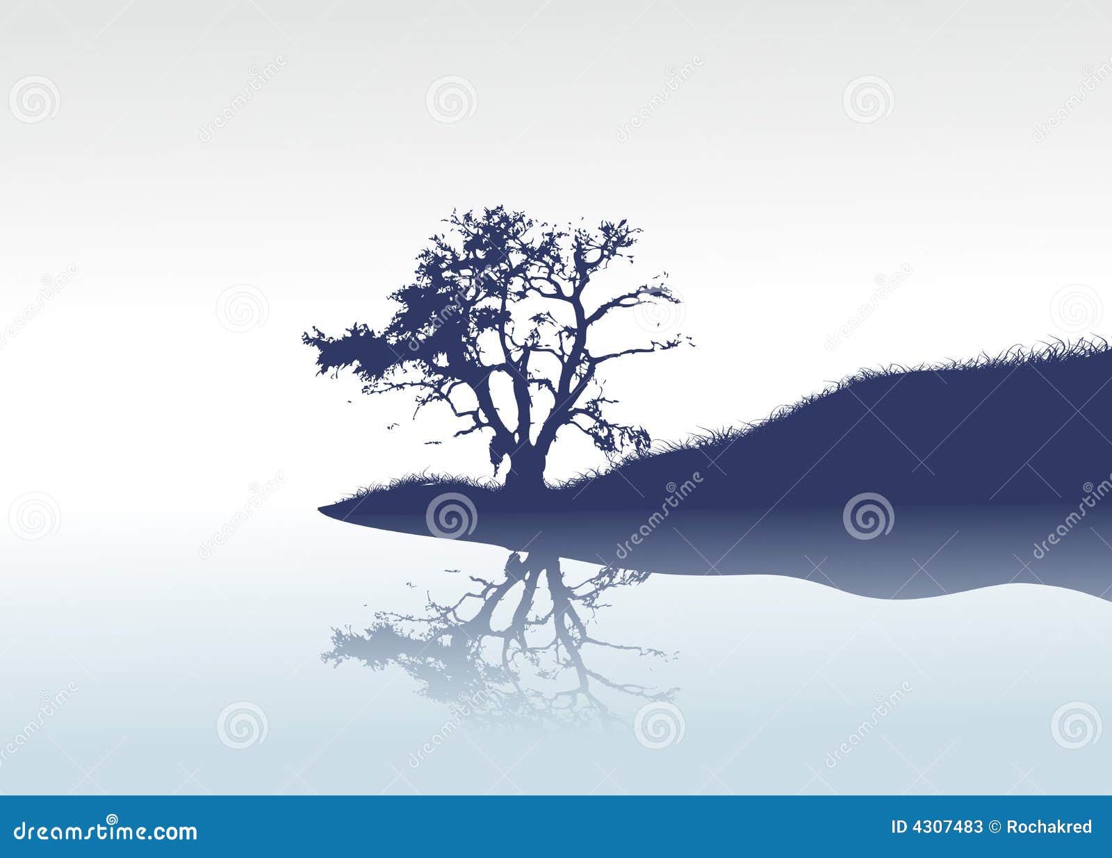 Lonely Tree and Mirror River Stock Illustration - Illustration of ...