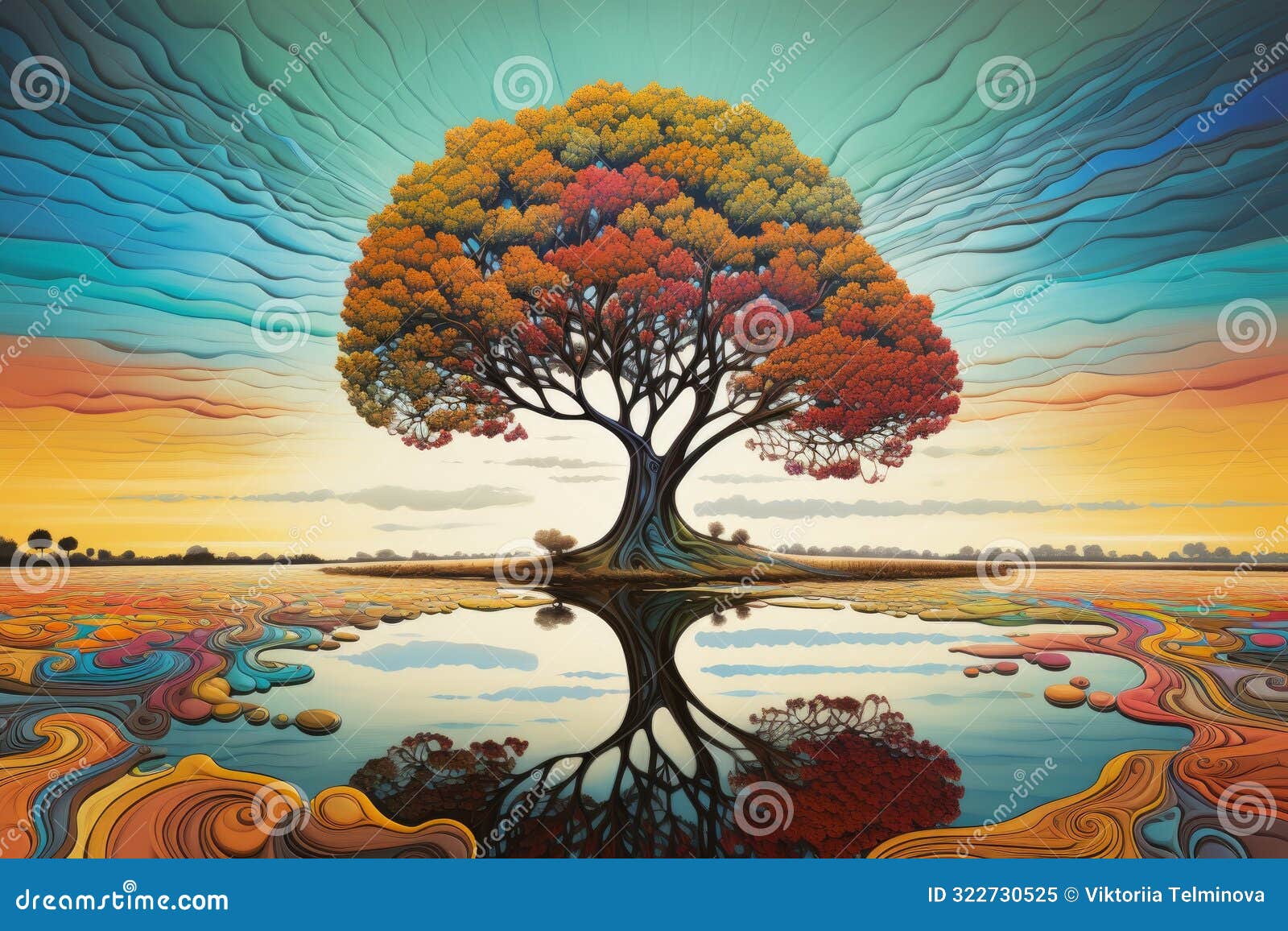 A Lonely Tree with a Reflection in the Water. Bright Landscape, Pop ...