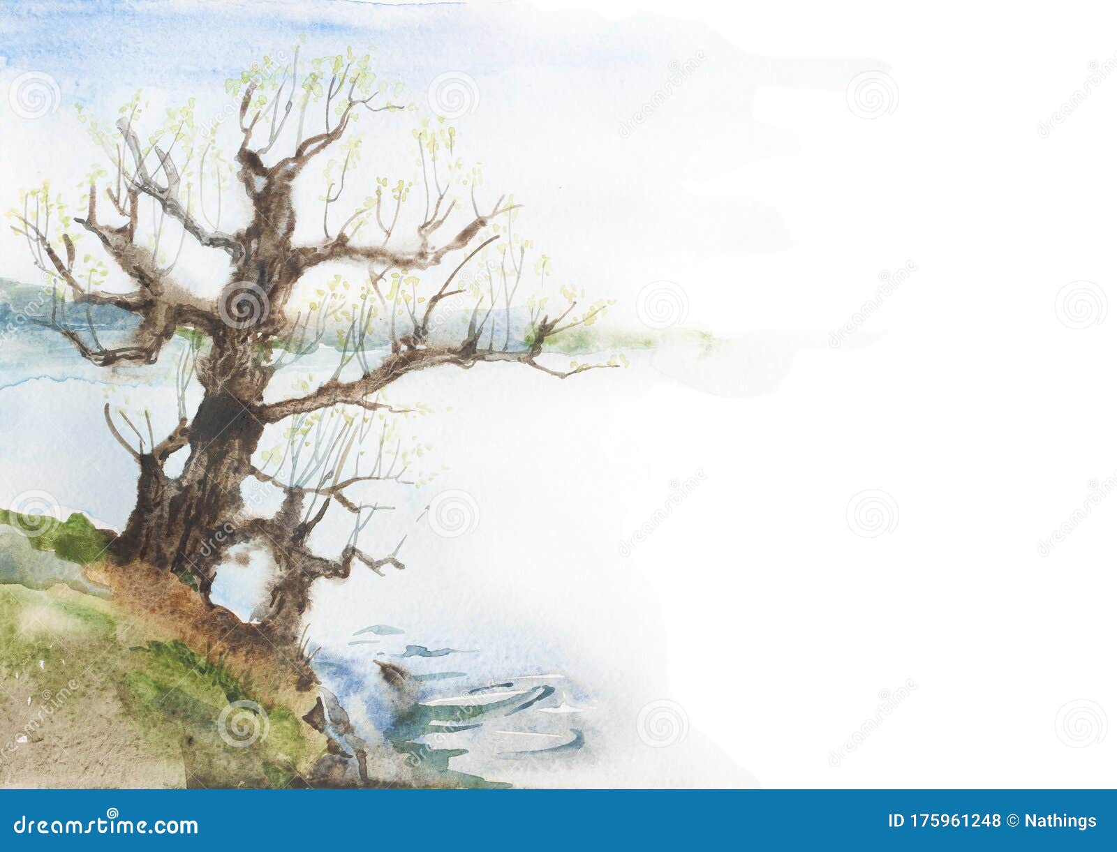 Lonely Tree on the River Hand Drawn Abstract Blue Watercolor on White ...