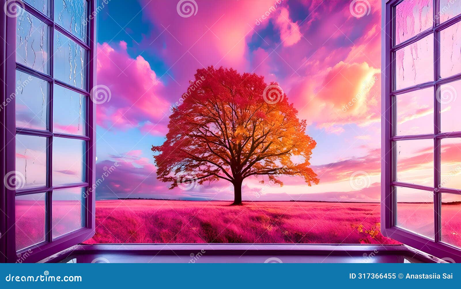 Lonely Tree View from Window in Rain Stock Image - Image of light, rain ...