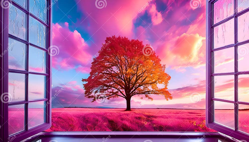 Lonely Tree View from Window in Rain Stock Image - Image of light, rain: 317366455