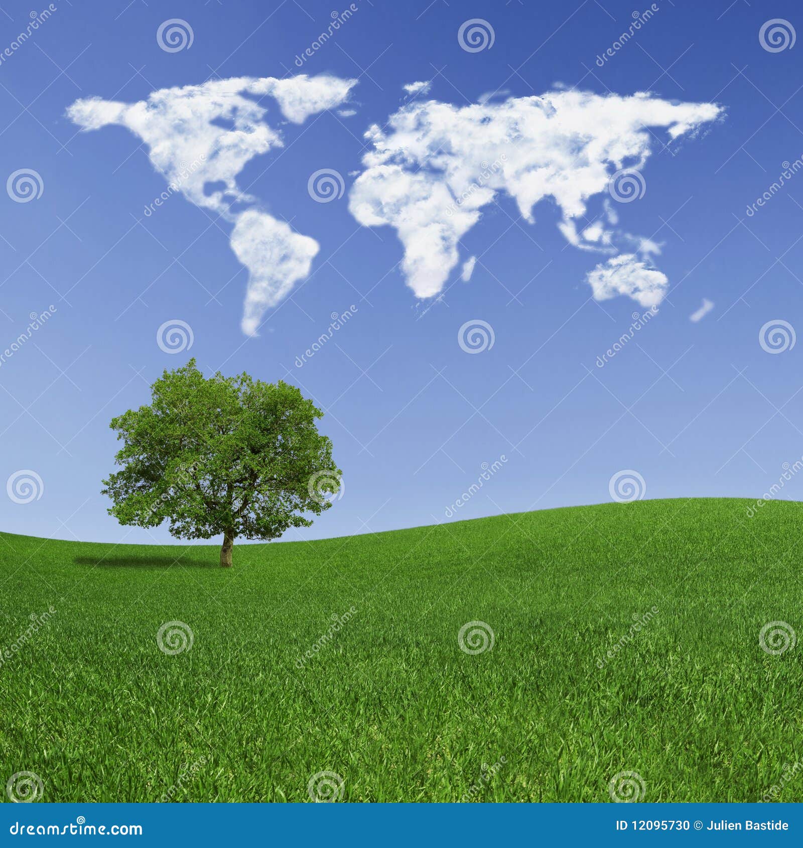 Lonely Tree and World Map Clouds Stock Photo - Image of blue, green ...
