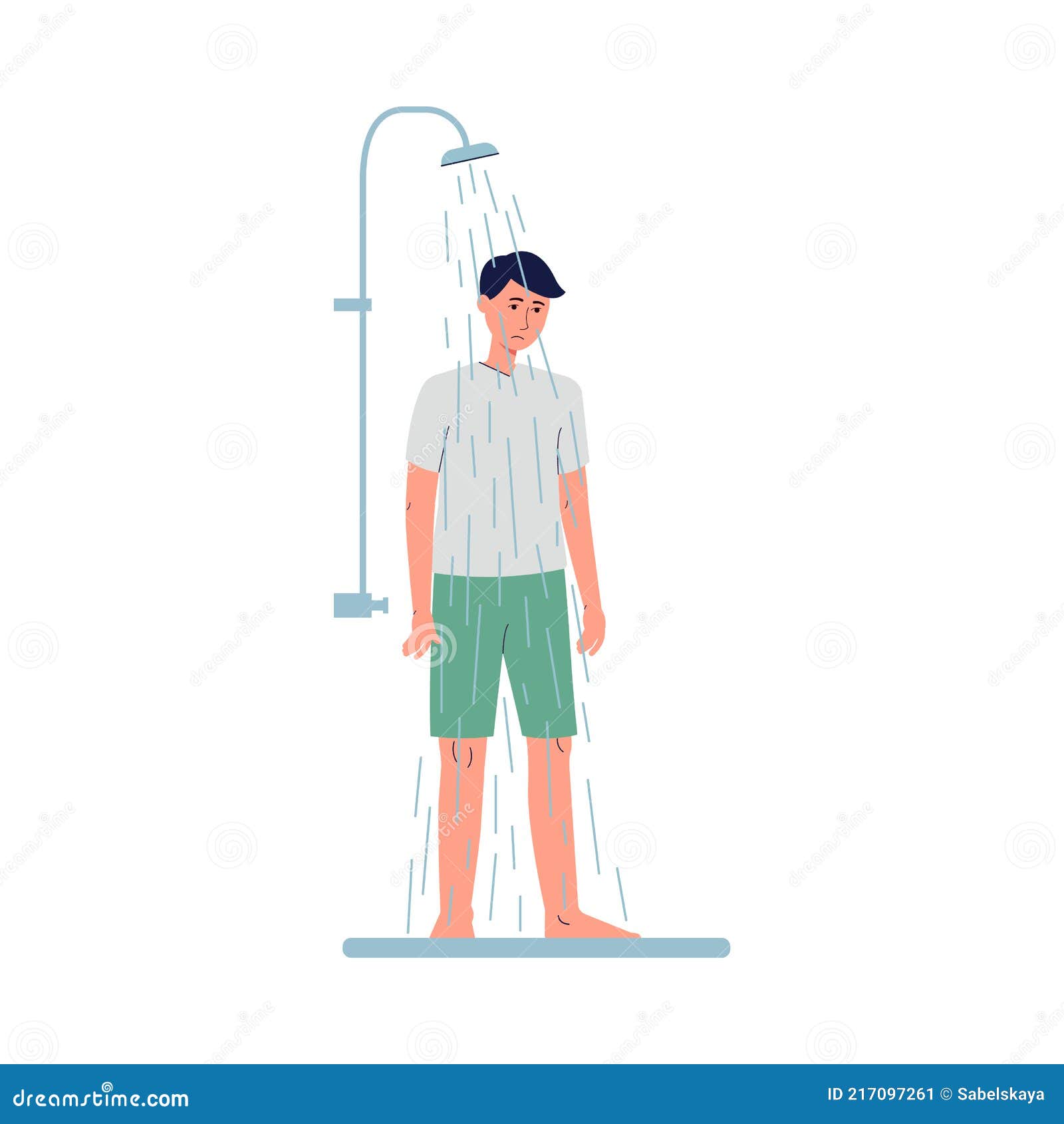 Lonely Unhappy Man Standing Under Shower Flat Vector Illustration Isolated Stock Vector